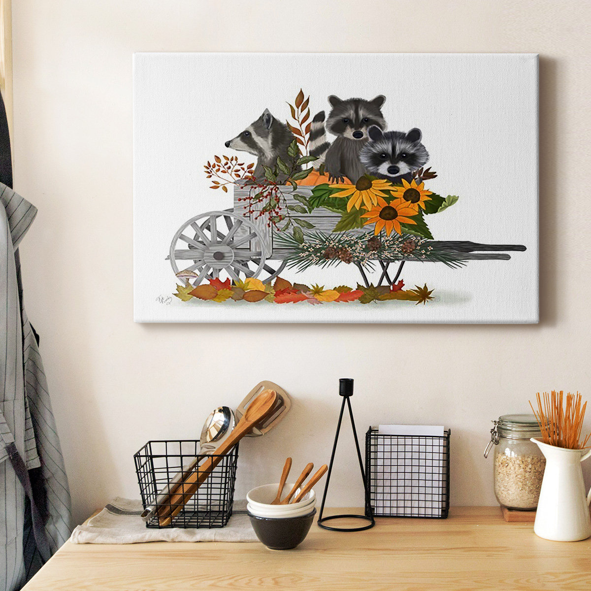 Millwood Pines Raccoon Wheelbarrow Premium Gallery Wrapped Canvas ...