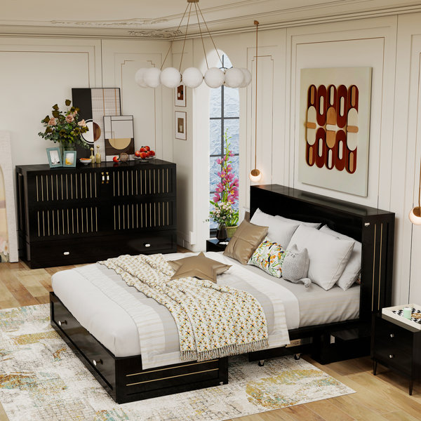 Latitude Run® Queen Murphy Storage Bed With Storage Drawer, Black | Wayfair