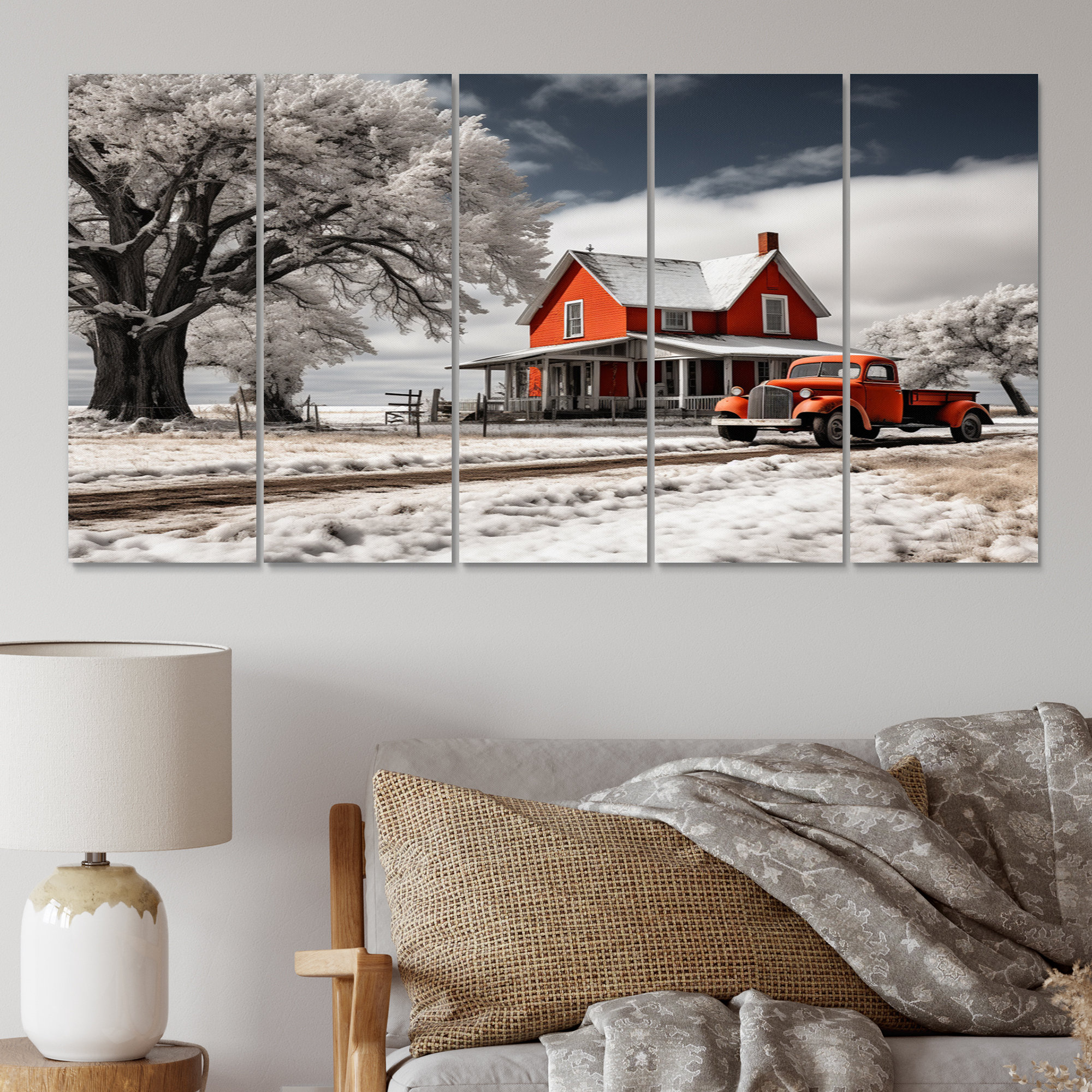 Design Art Red Turck On Farmhouse Country Winter - Farmhouse Wall Art ...