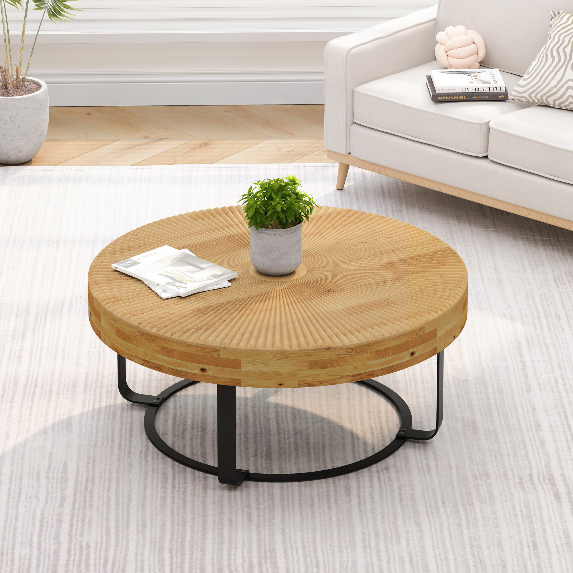 17 Stories Modern Round Coffee Table Wooden Carving Pattern Coffee ...