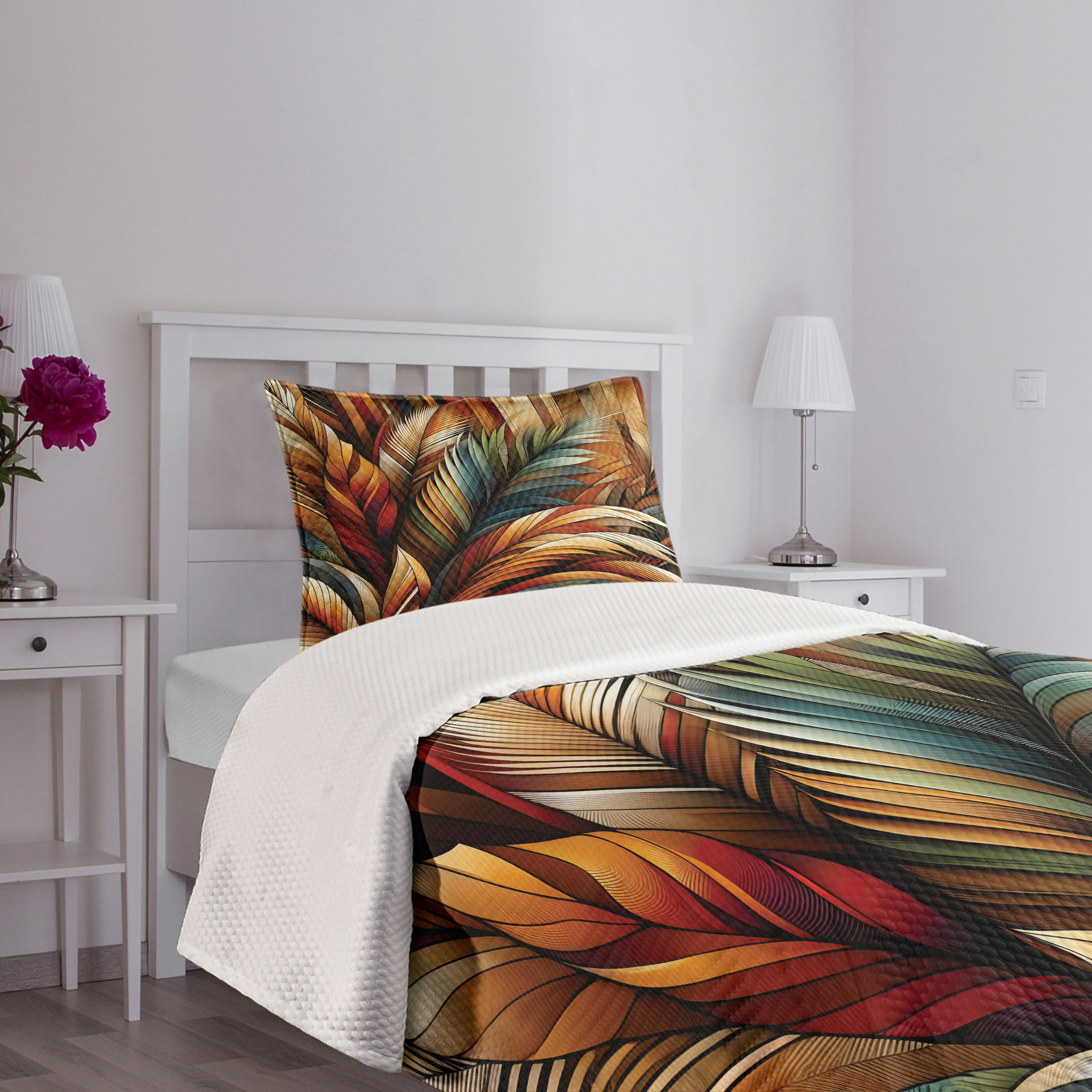 Ambesonne Aesthetic Bedspread Set Boho Rustic Bold Leaves Burnt Orange ...