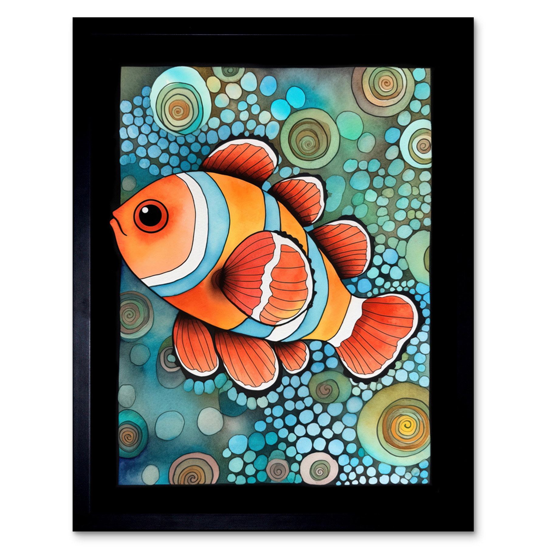 House of Hampton Clownfish In Coral Patterns Folk Art Watercolour ...
