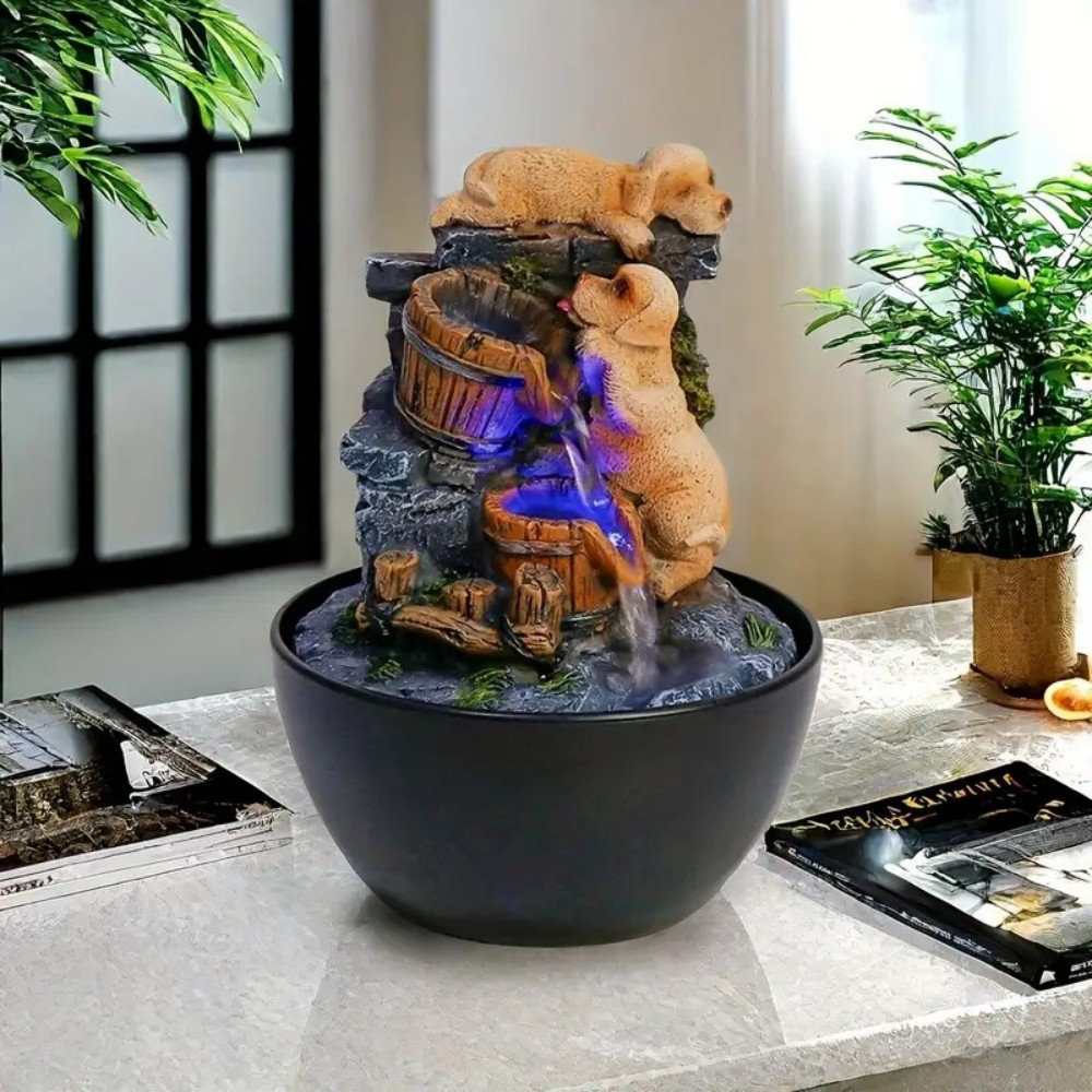 Ebern Designs Two Dogs Indoor Tabletop Fountain Waterfall Fountain ...