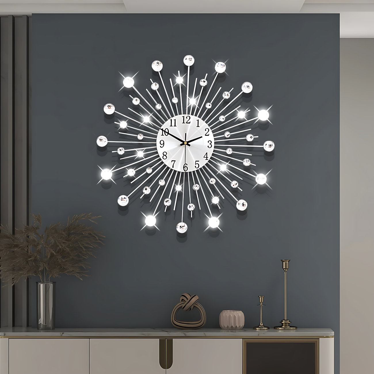 Mercer41 20 Inches Large Silent Metal Crystal Luxury Silvery Modern ...