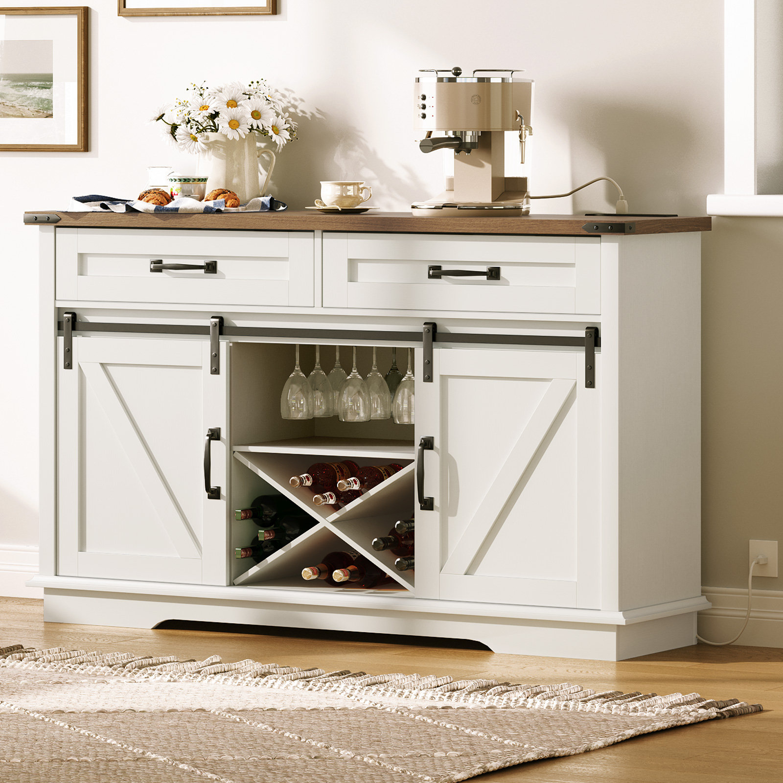 Gracie Oaks Arianys Coffee Bar Cabinet with Power Outlet, 54" Wine Bar ...