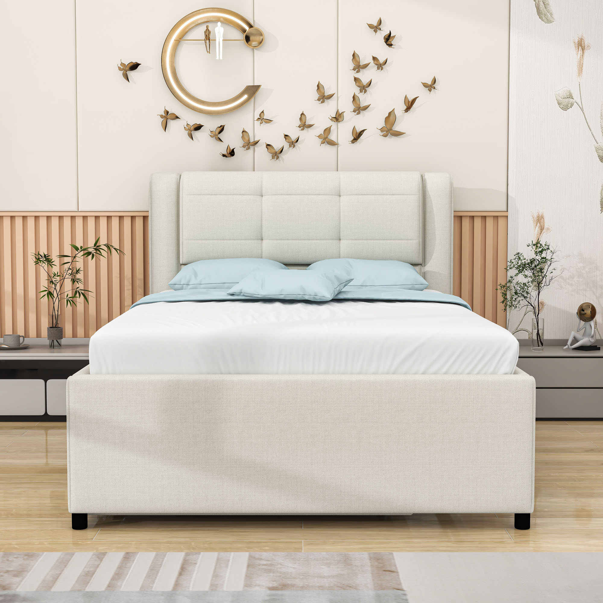 Ebern Designs Lit plateforme double tapissier en lin double avec lit ...