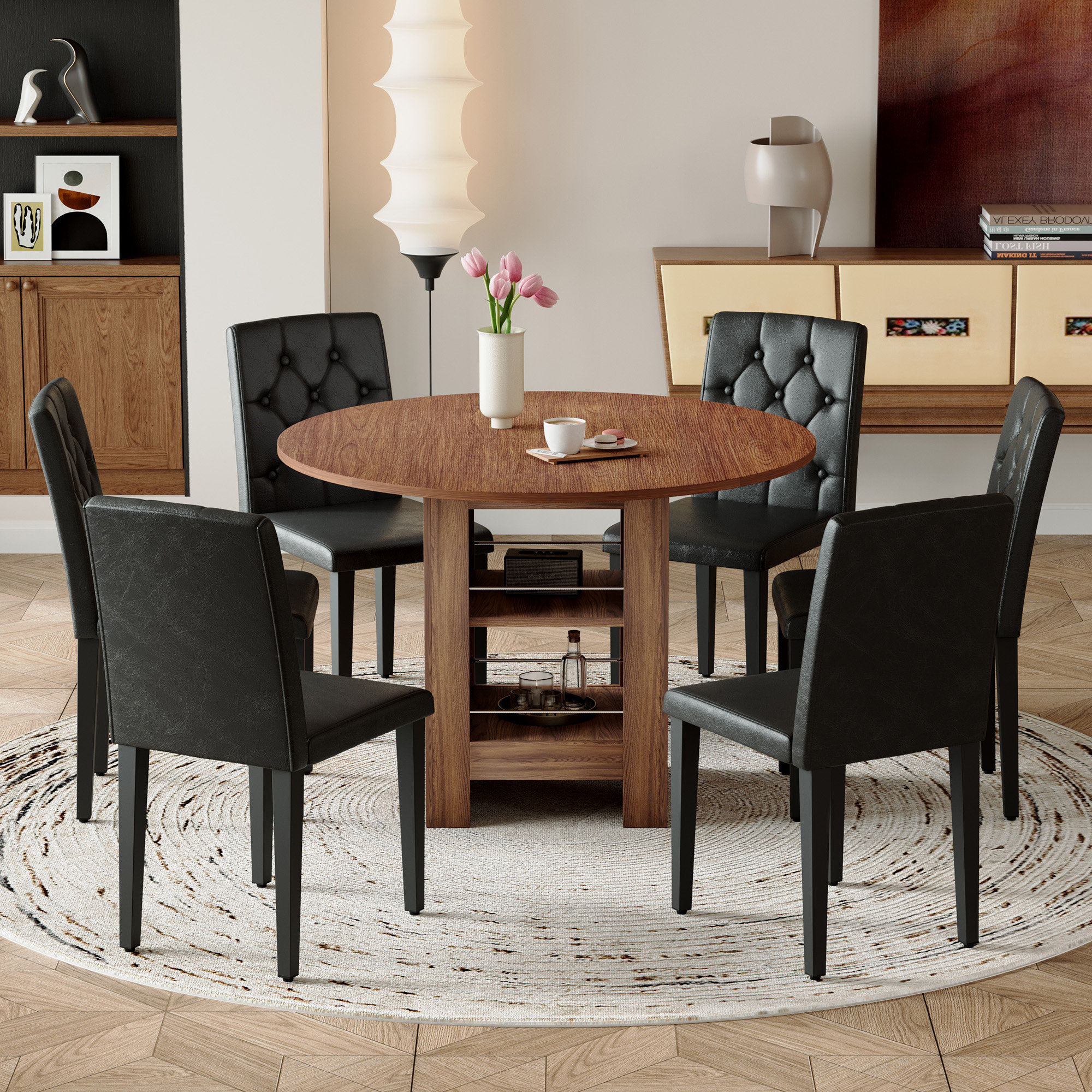 Lark Manor™ 42" Mid-Century Modern Round Dining Table With Storage Base ...