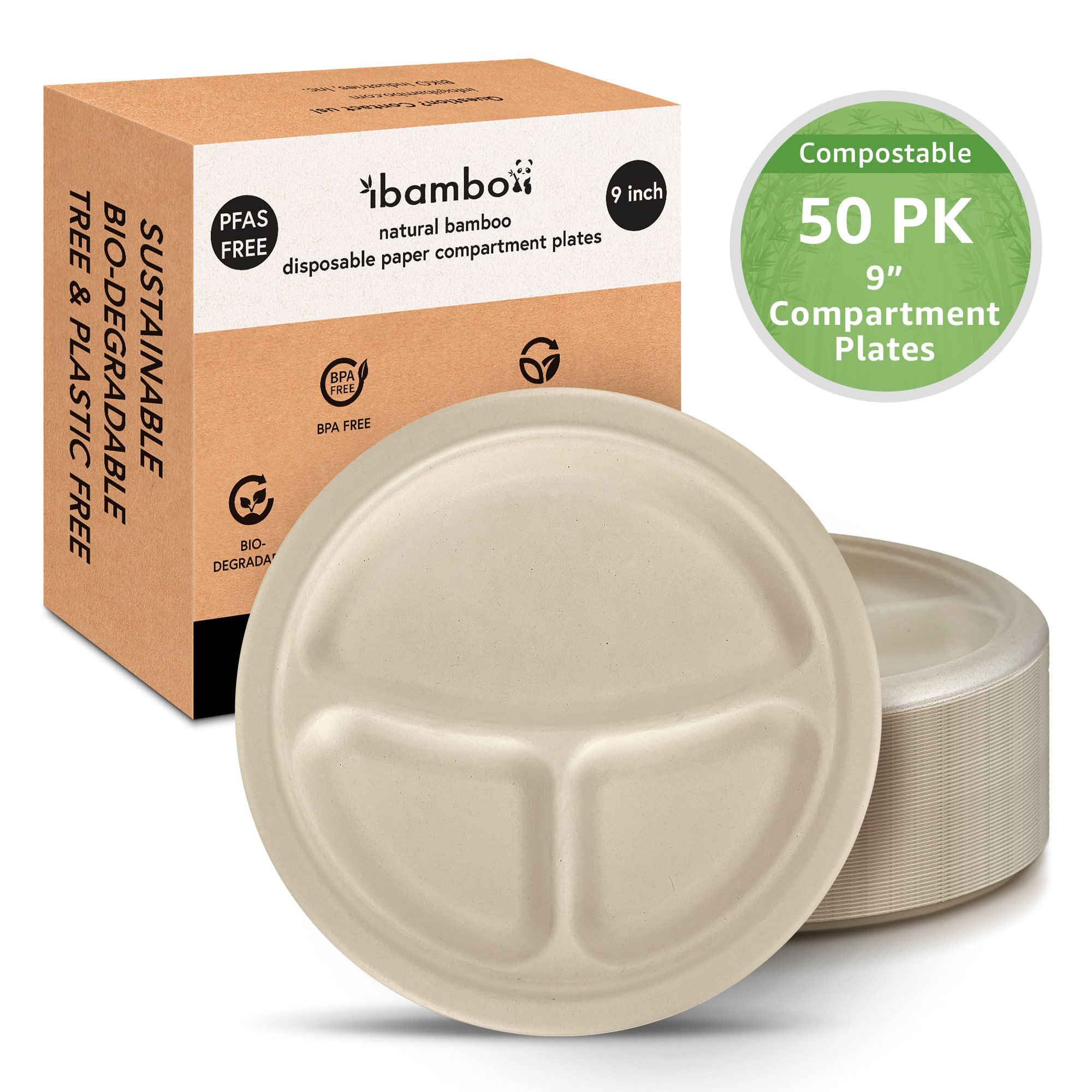 Ibambo 9 Inch Disposable Bamboo Compartment Plates - Eco Friendly for ...