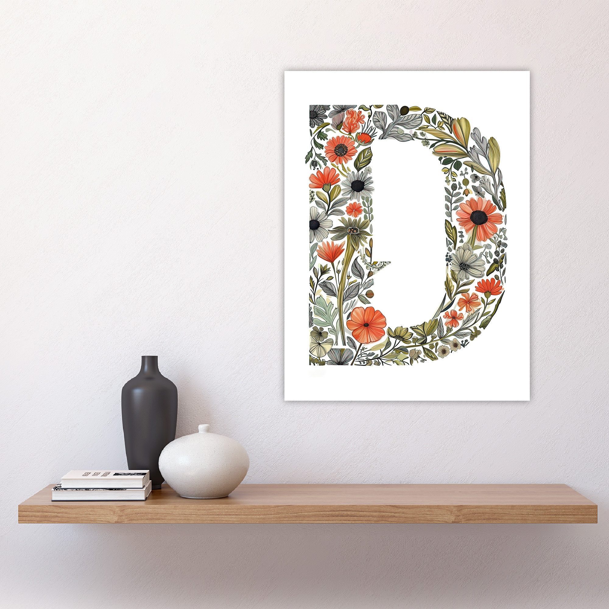 ClassicLiving Wall Art Print Letter D in Watercolour Wildflowers Poppy ...