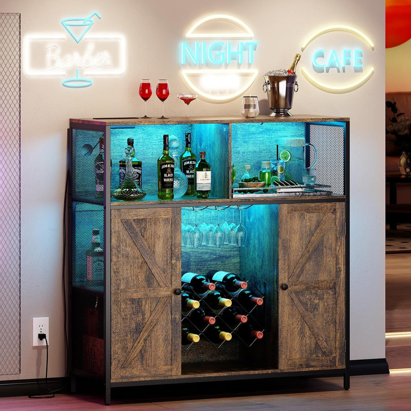 Gracie Oaks Bar Cabinet With Power Outlets, Liquor Cabinet With Led ...
