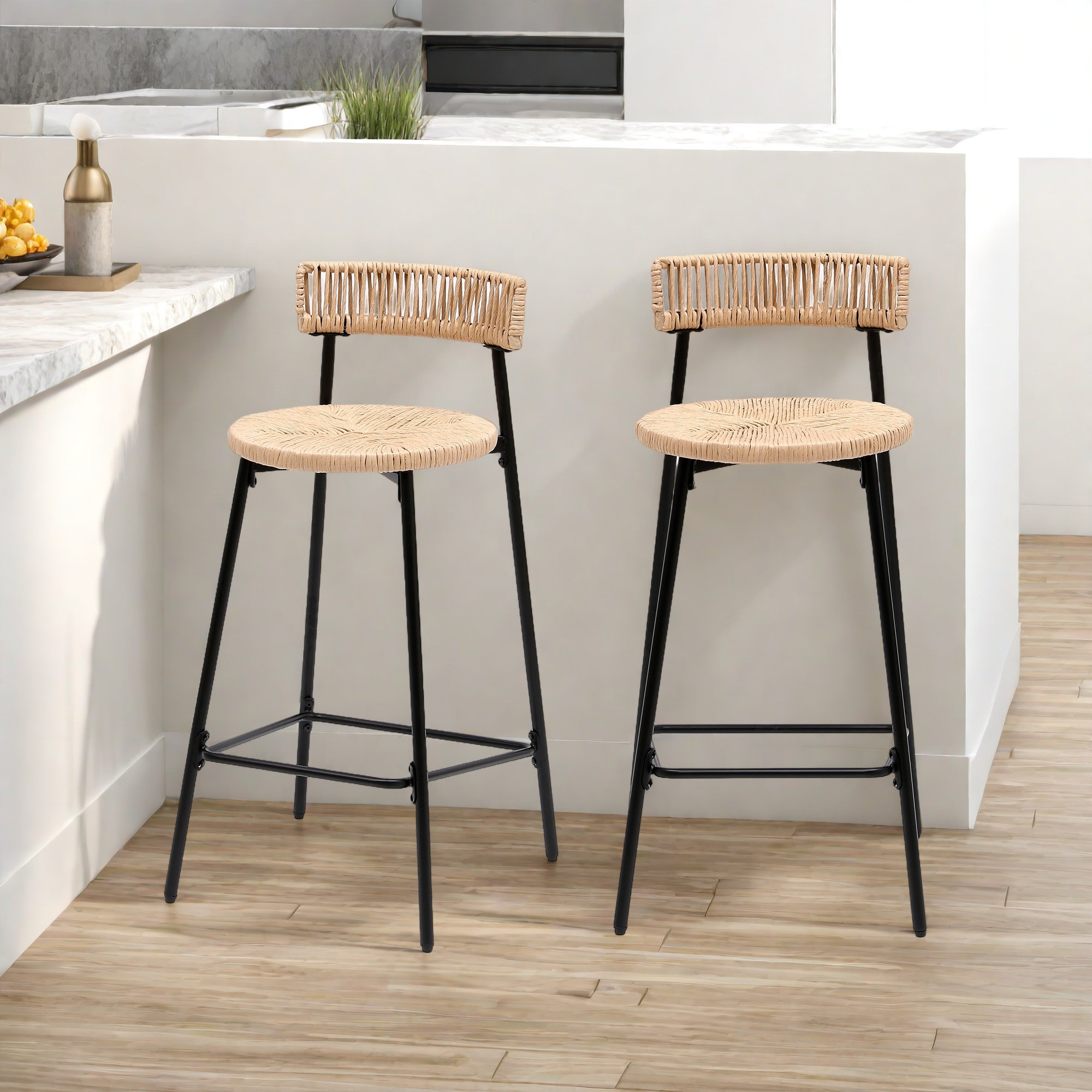 Bay Isle Home™ Paper Rope Weave Bar Stools With Footrest And Metal ...