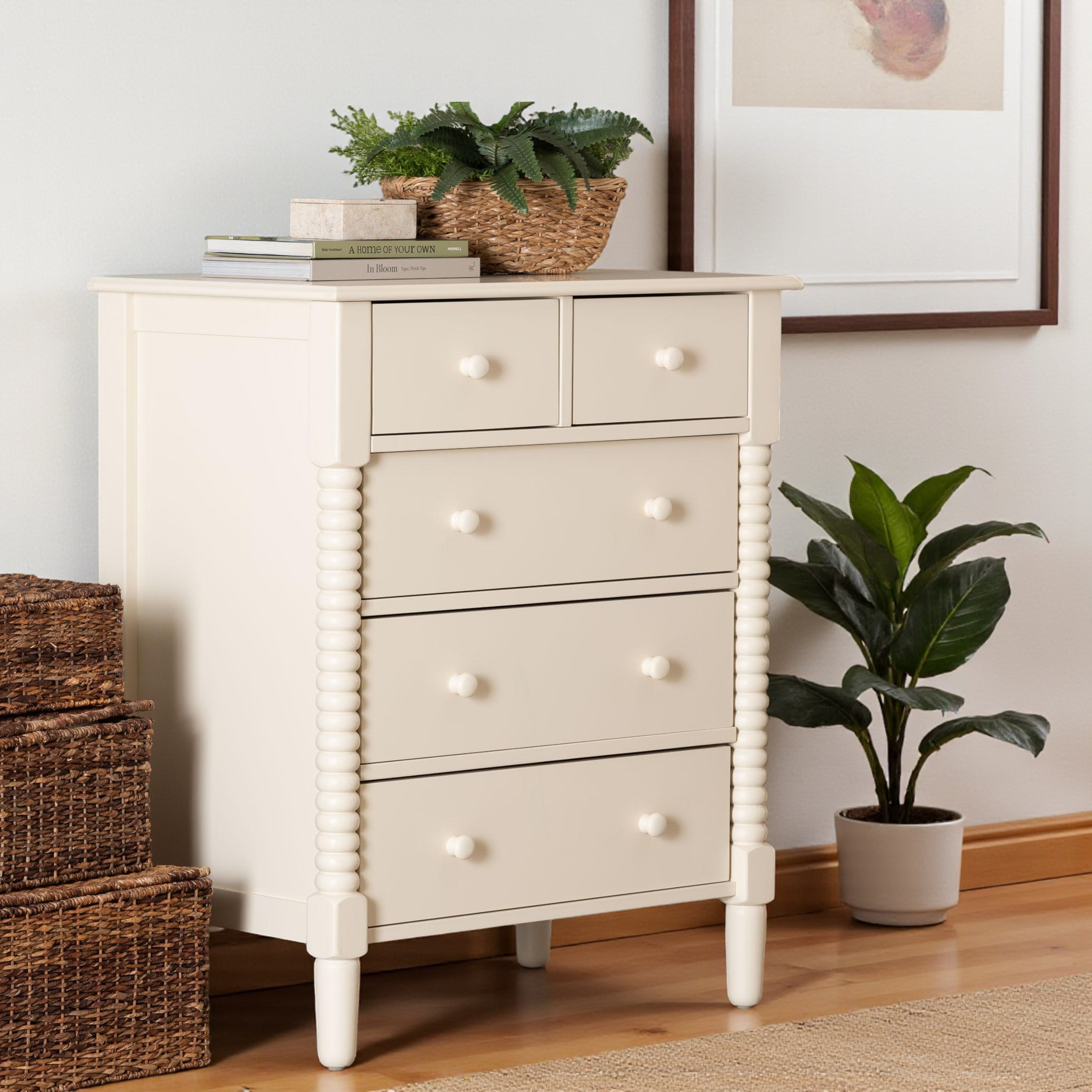 Ophelia & Co. Benjen 5-Drawer Farmhouse Chest in Ivory Spindle Wood ...