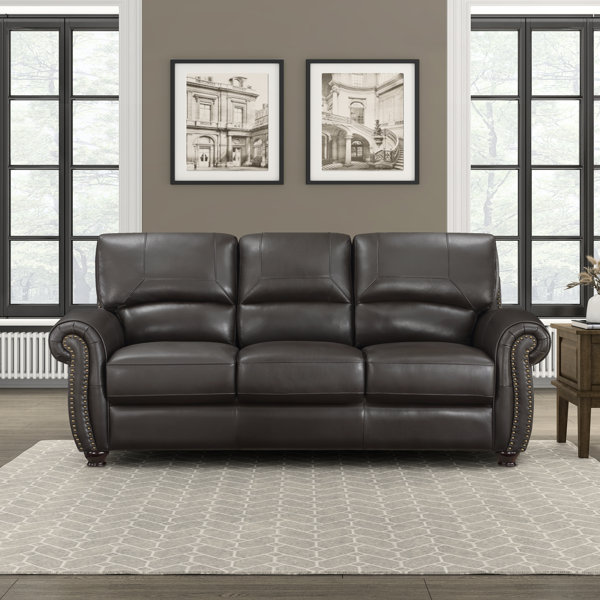 Darby Home Co Neoga 84"W Genuine Top Grain Leather Roll Arm Sofa ...