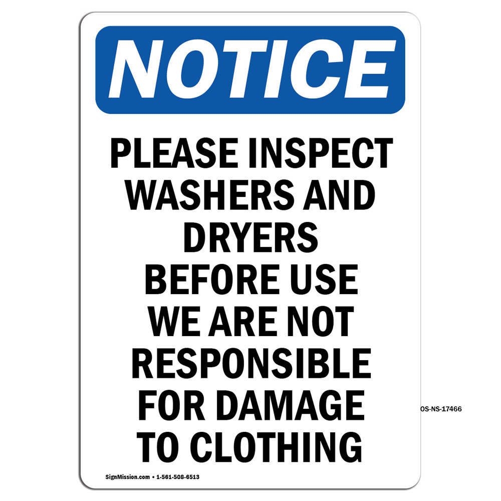 SignMission Please Inspect Washers and Dryers Sign | Wayfair