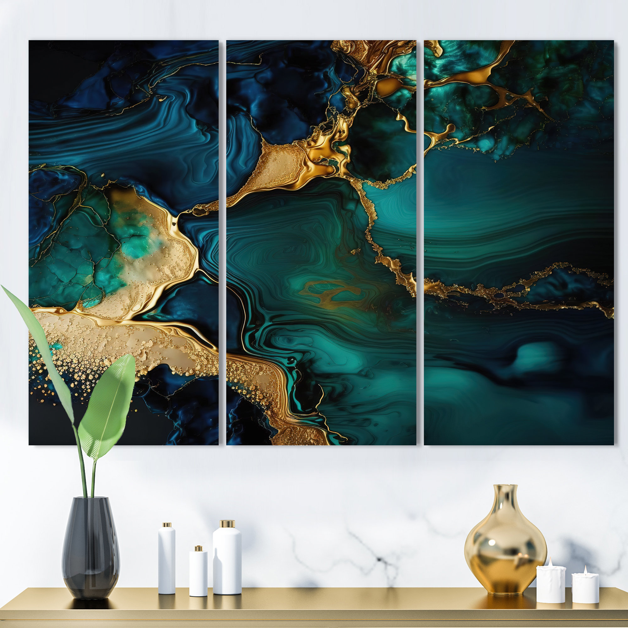 Design Art Abstract Geode Marble Green And Gold - 3 Piece Print on ...
