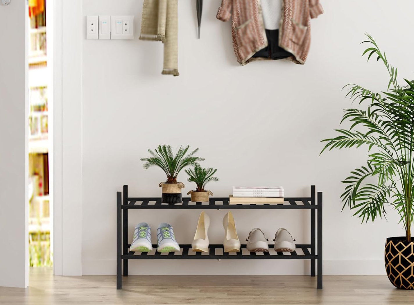 Latitude Run® 2-Tier Black Shoe Rack,Stackable Bamboo Shoe Shelf ...