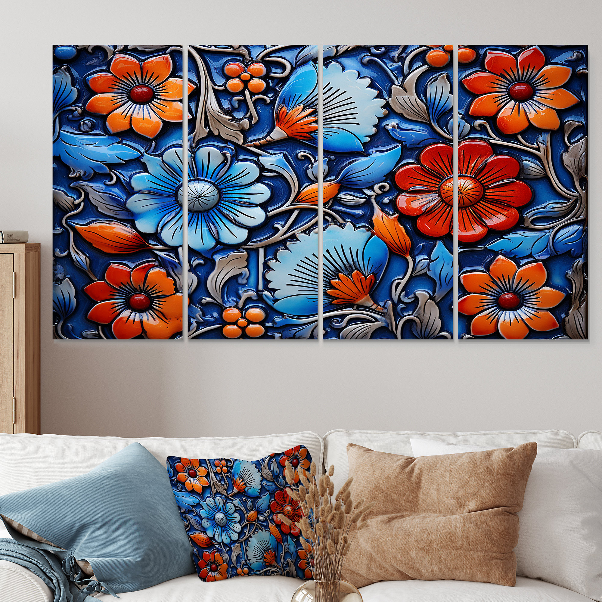 Dakota Fields Floral Boho Blue And Orange Tile Mosaic V - Boho Mosaic 4 ...