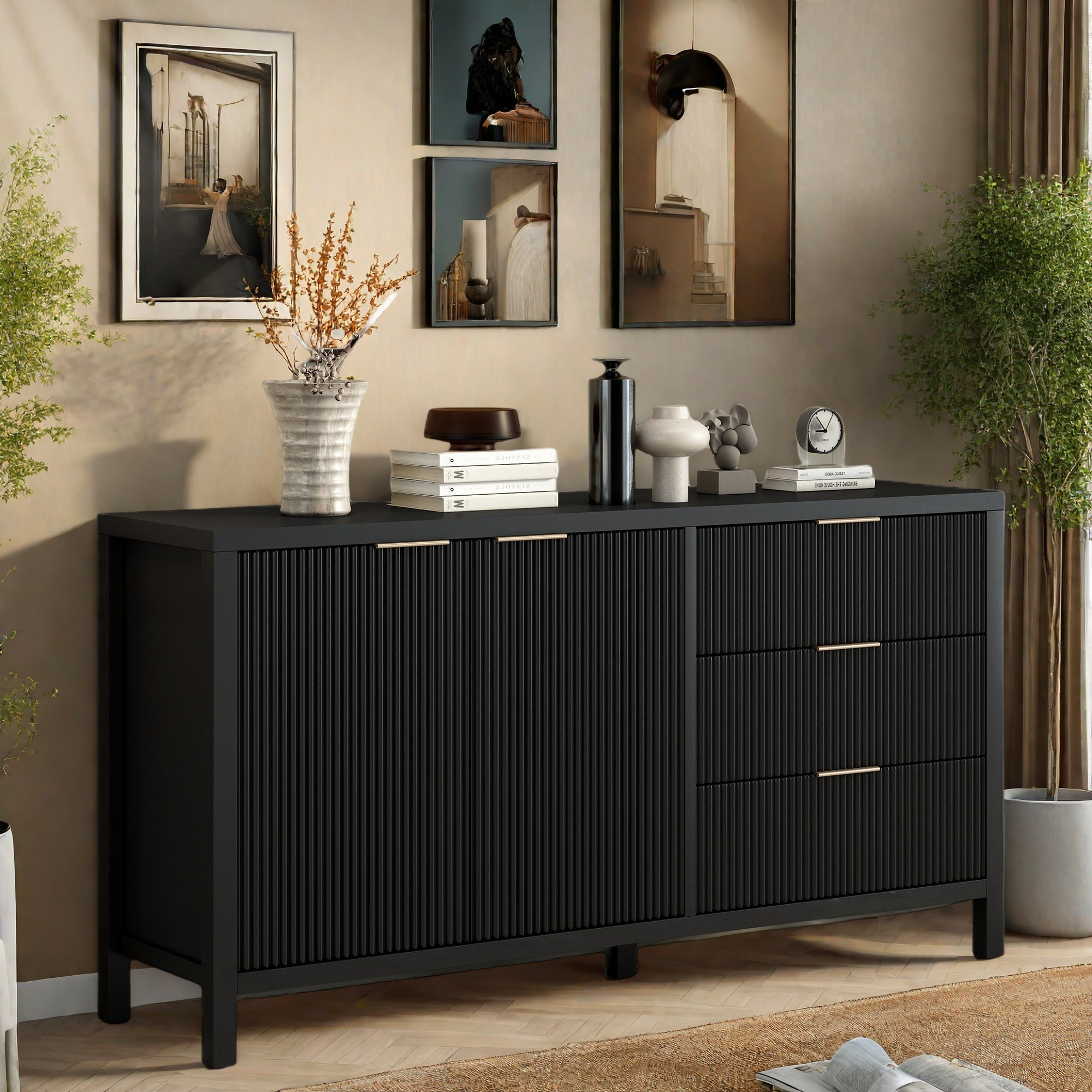 Ebern Designs Minimalist Sideboard With 3 Drawers, A Cabinet, Wave-pattern Design And Aluminum ...