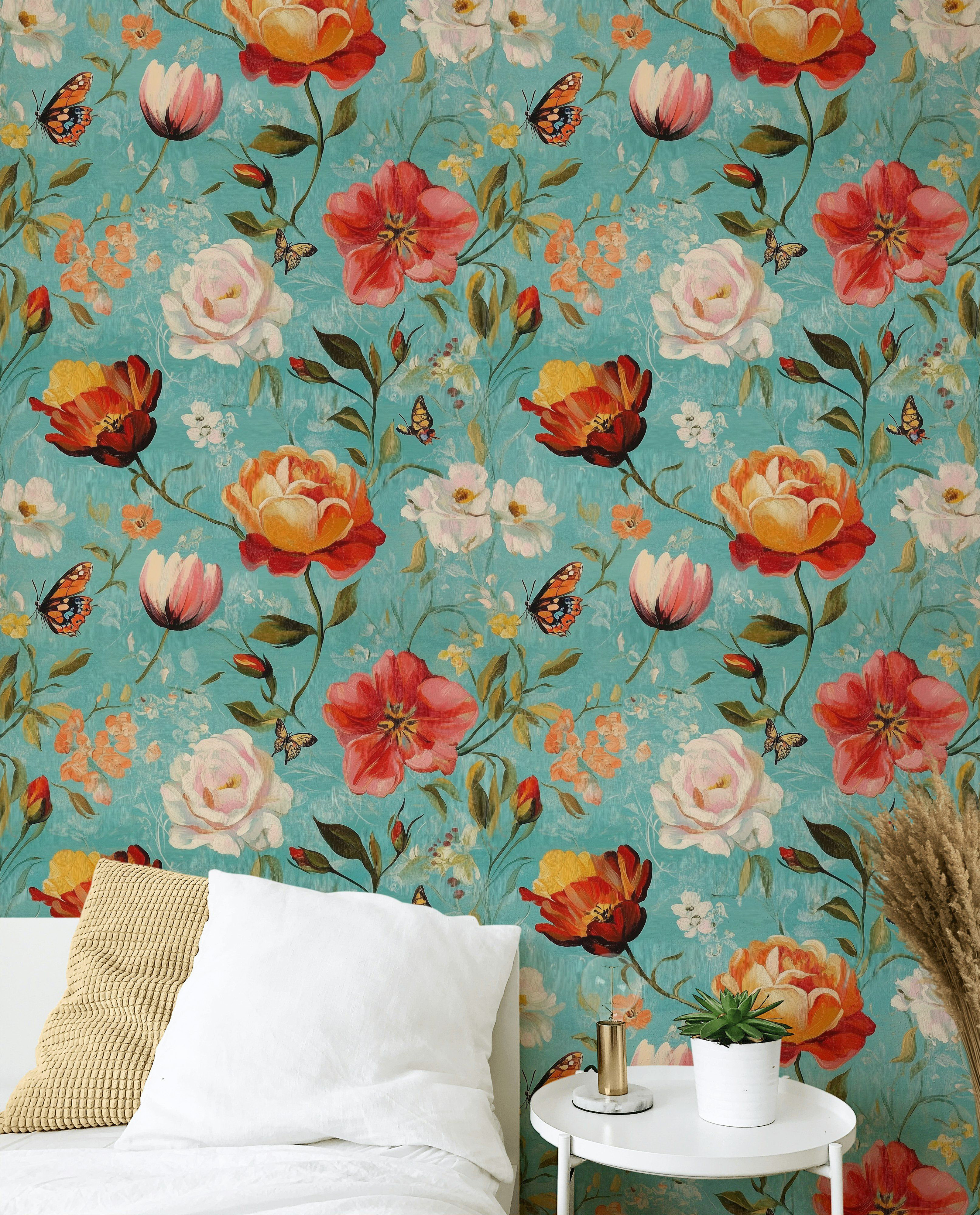 teal and orange floral wallpaper