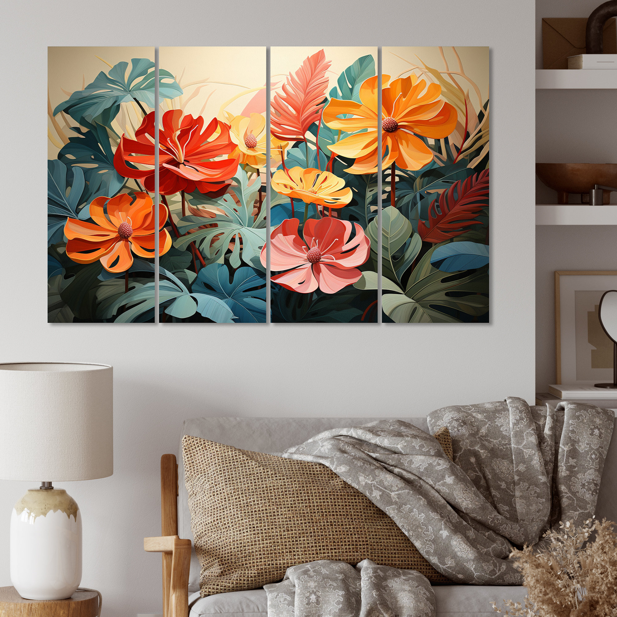 Design Art Orange Green Tropical Plants V - Tropical Canvas Wall Art ...