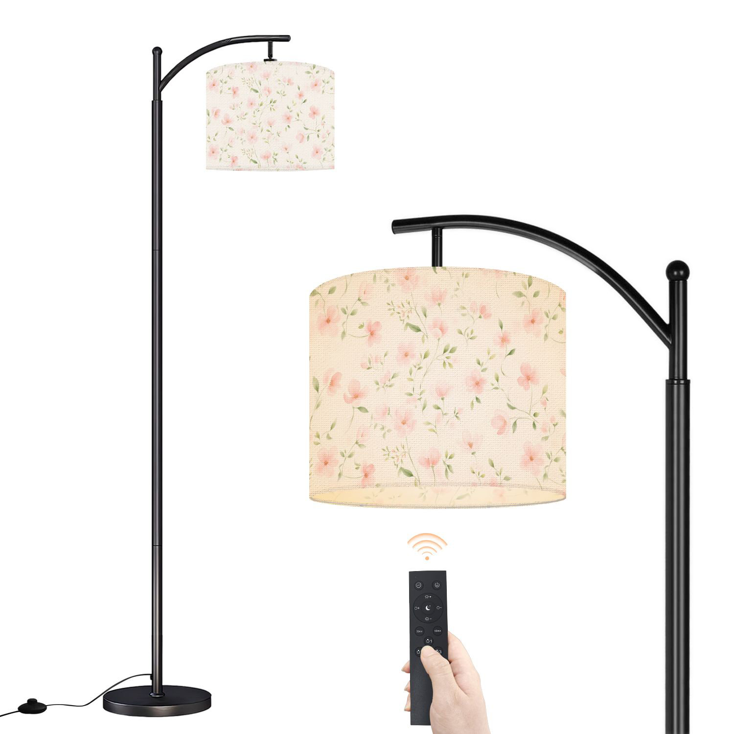 Latitude Run® Arc Floor Lamp Pink Floral Delicate Blooms Greenery ...