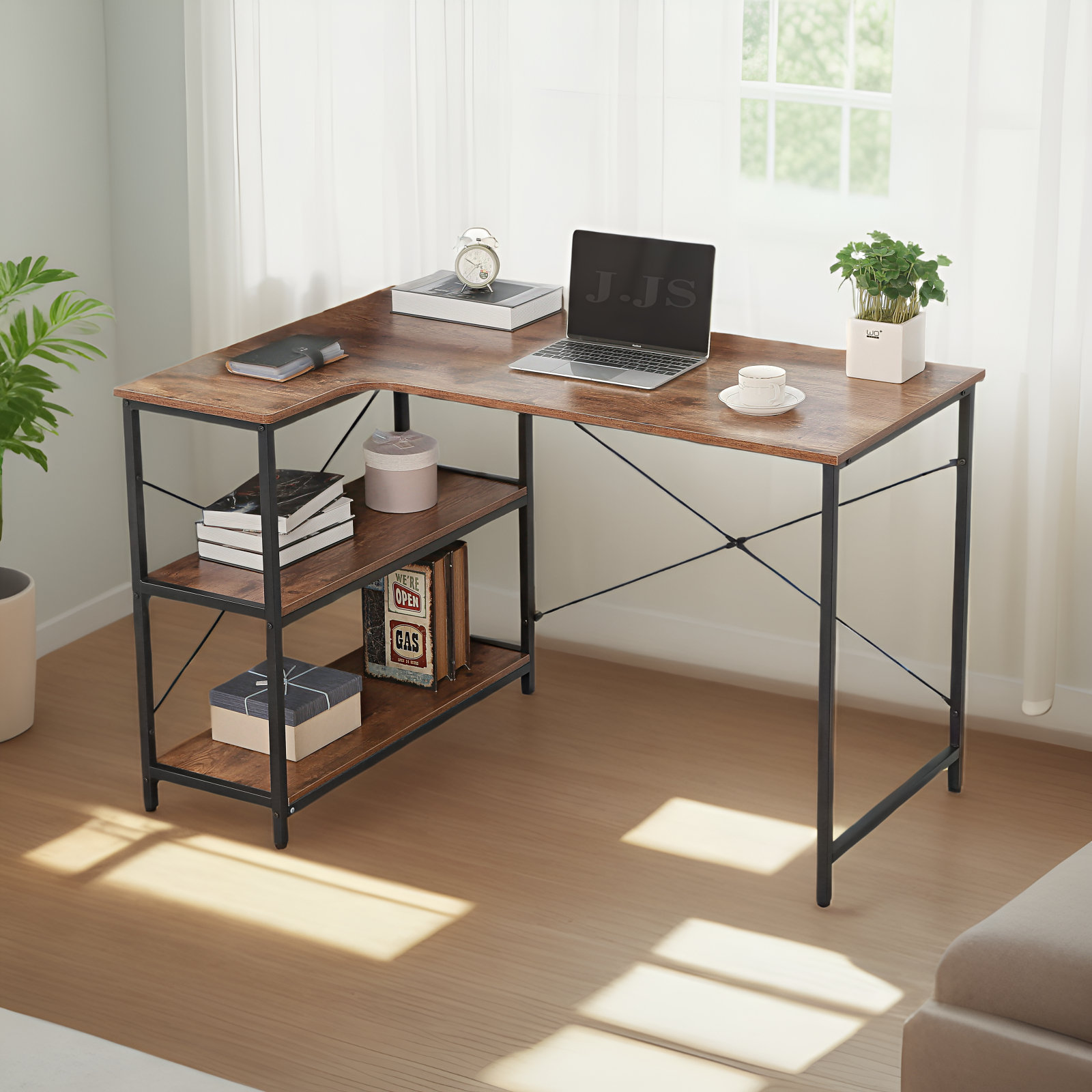 17 Stories Kershner Home Office Desk with Bookshelf - 3-Tier Shelf Desk ...