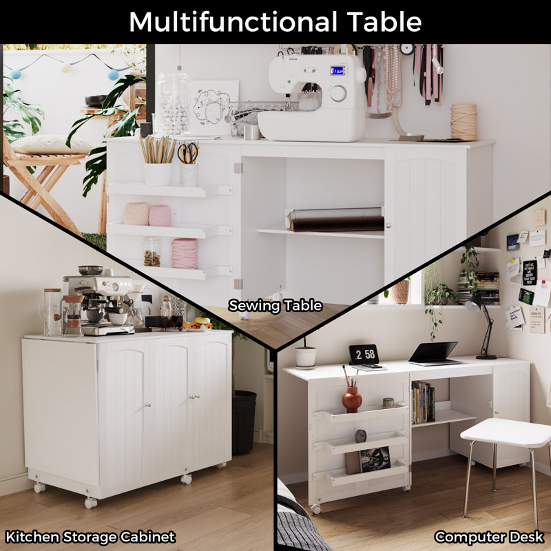 FRESCOLY Folding Sewing Table Storage Cabinet Craft Cart with Wheels ...