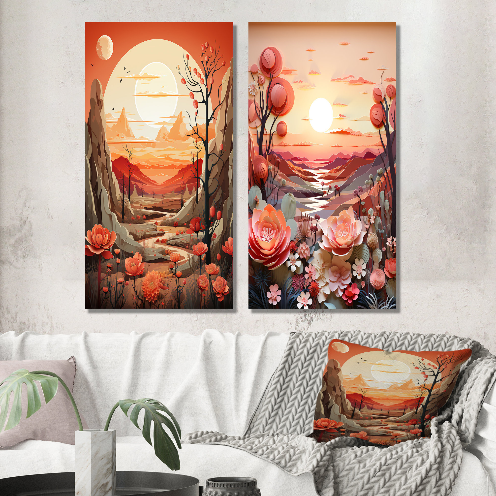 Millwood Pines Cactus Tangerine Twilight - Cactus Canvas Wall Art Set ...