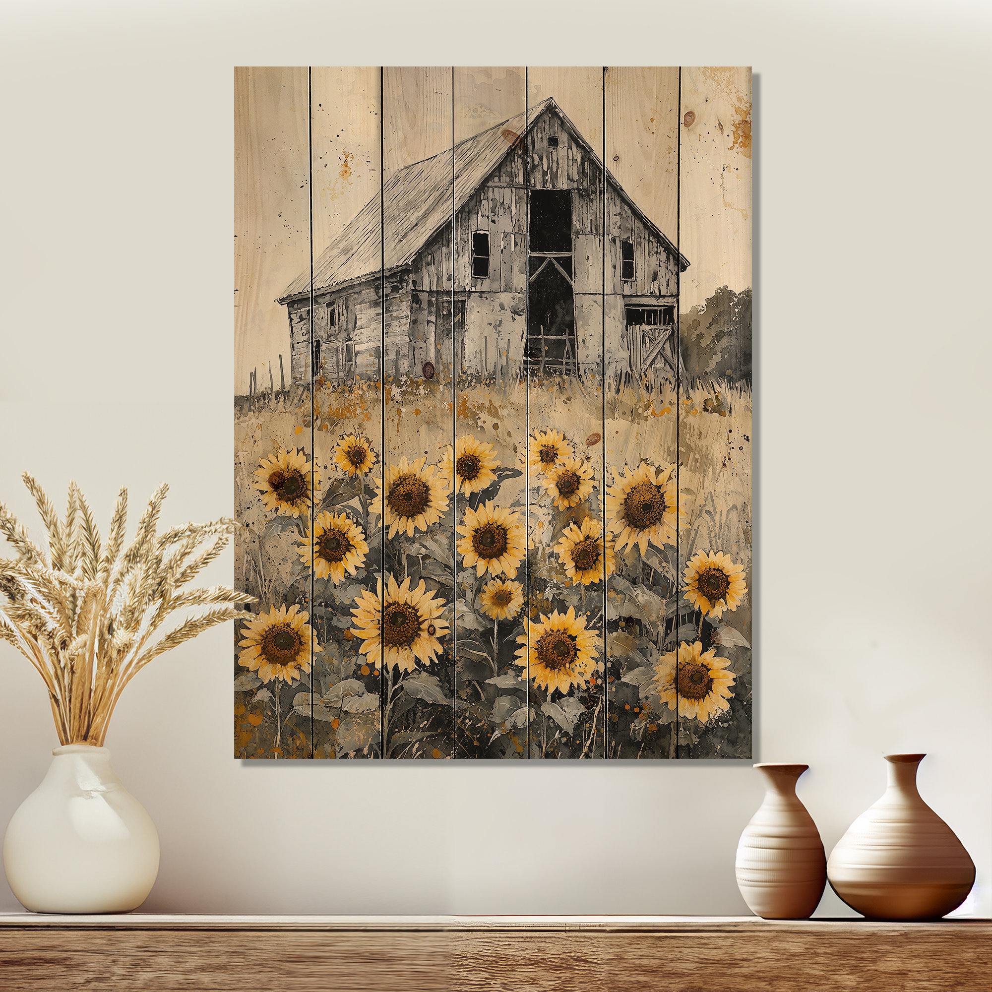 Ophelia & Co. Vintage Sunflowers And The Milking Barn - Sunflowers Wood ...