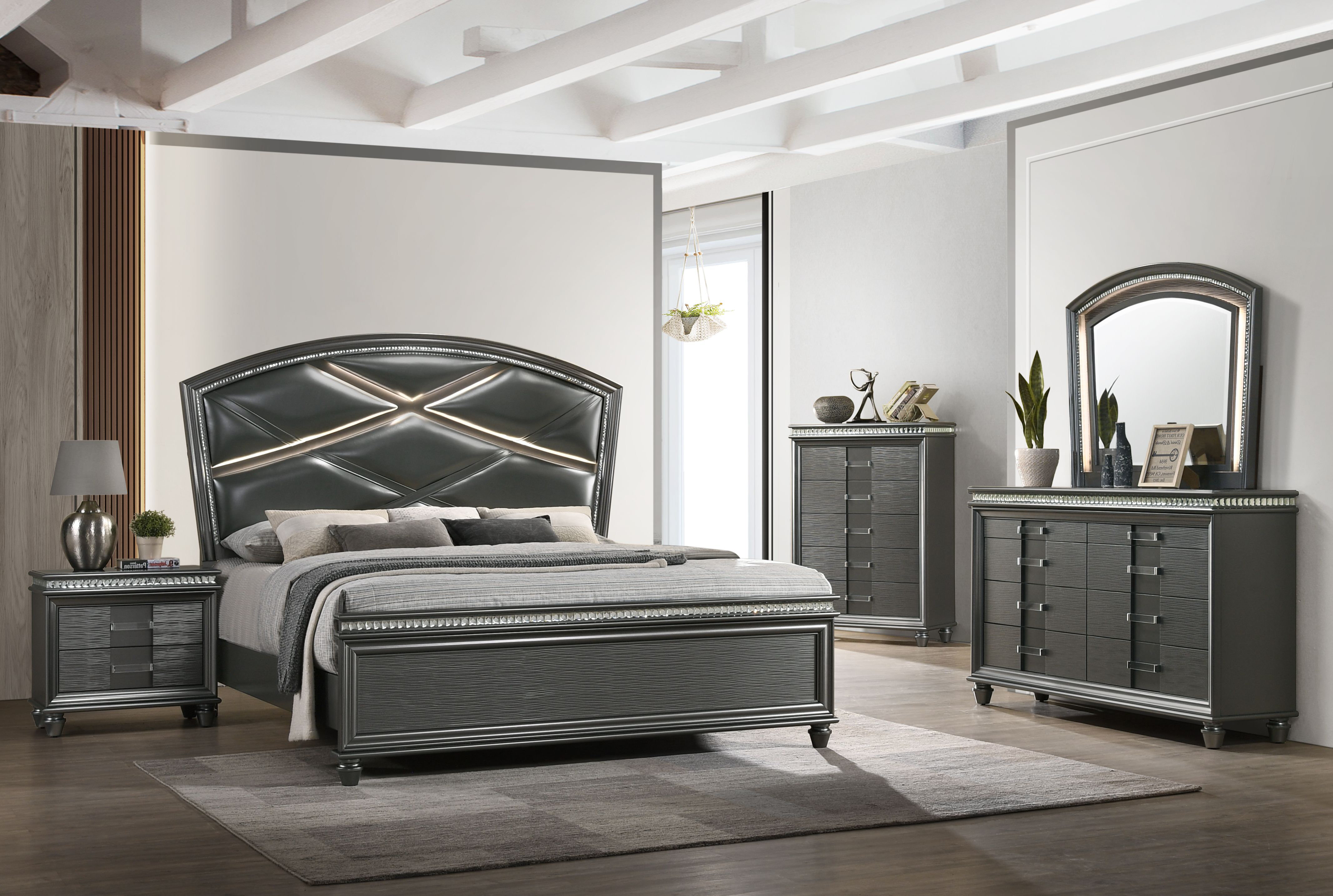 Canora Grey Kreier Gray LED Upholstered Panel Bedroom Set Special 4 Bed ...