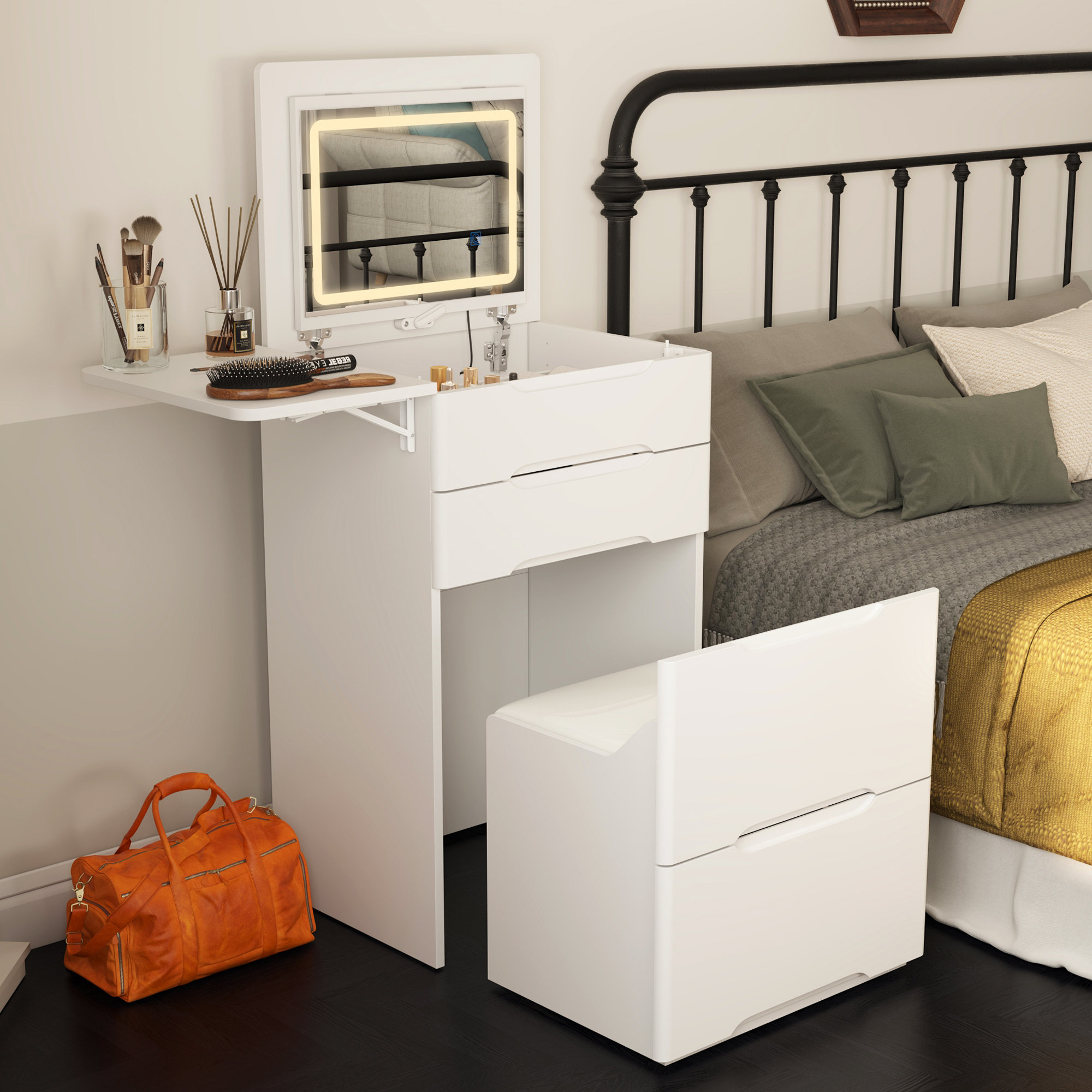 Ebern Designs 3 In 1 Vanity Desk With Flip Top Mirror And Foldable ...