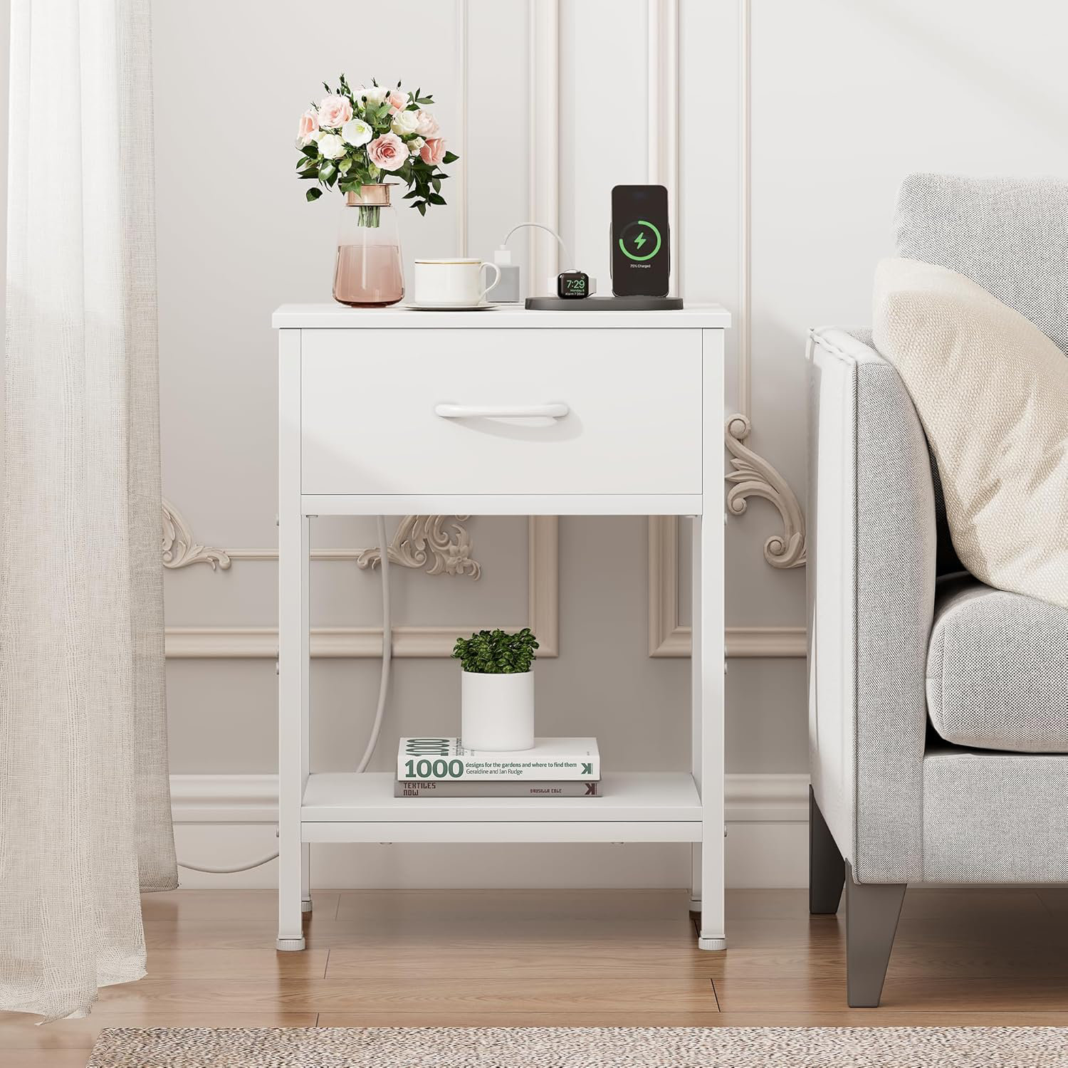 Ebern Designs Nightstand With Charging Station, End Table With Fabric ...