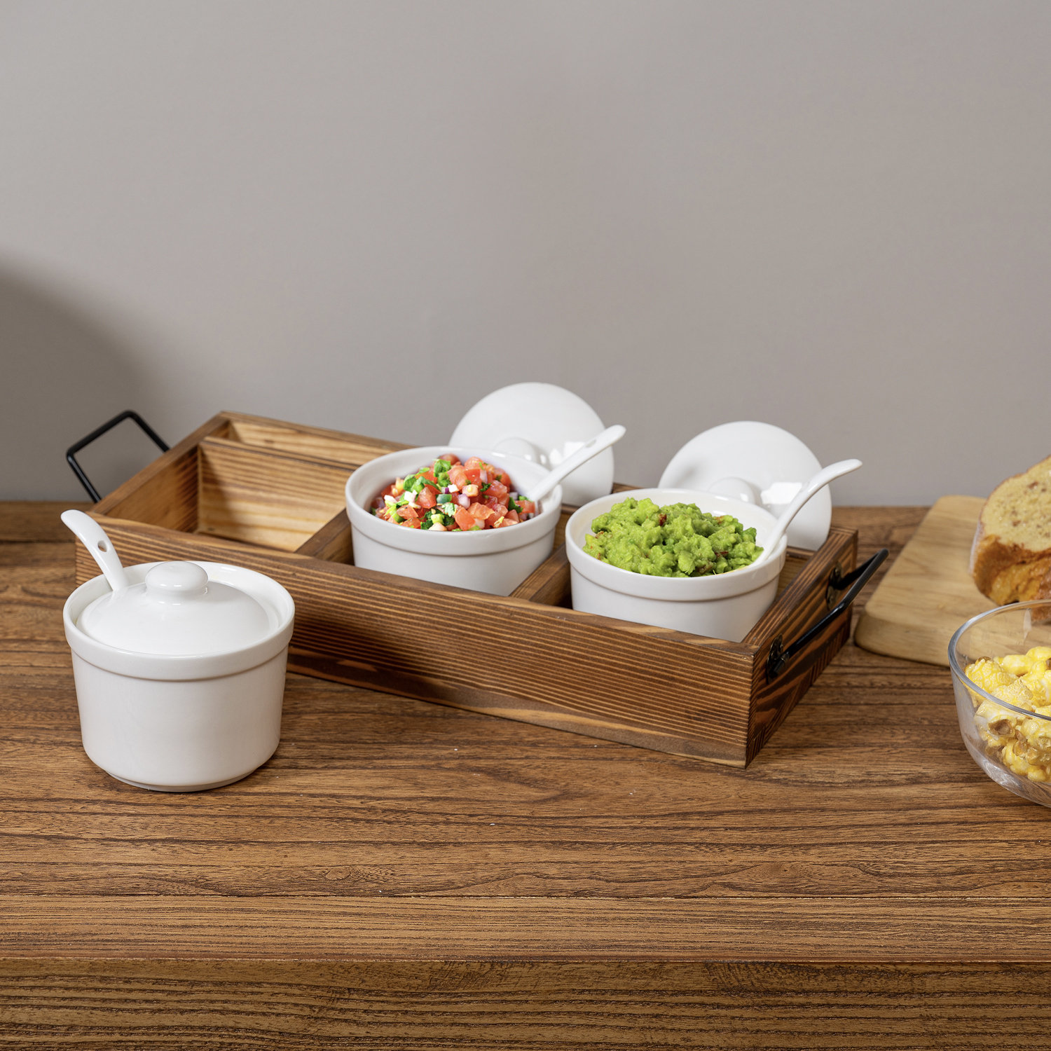 Gracie Oaks 3 Ceramic Condiment Servers with Serving Tray | Wayfair