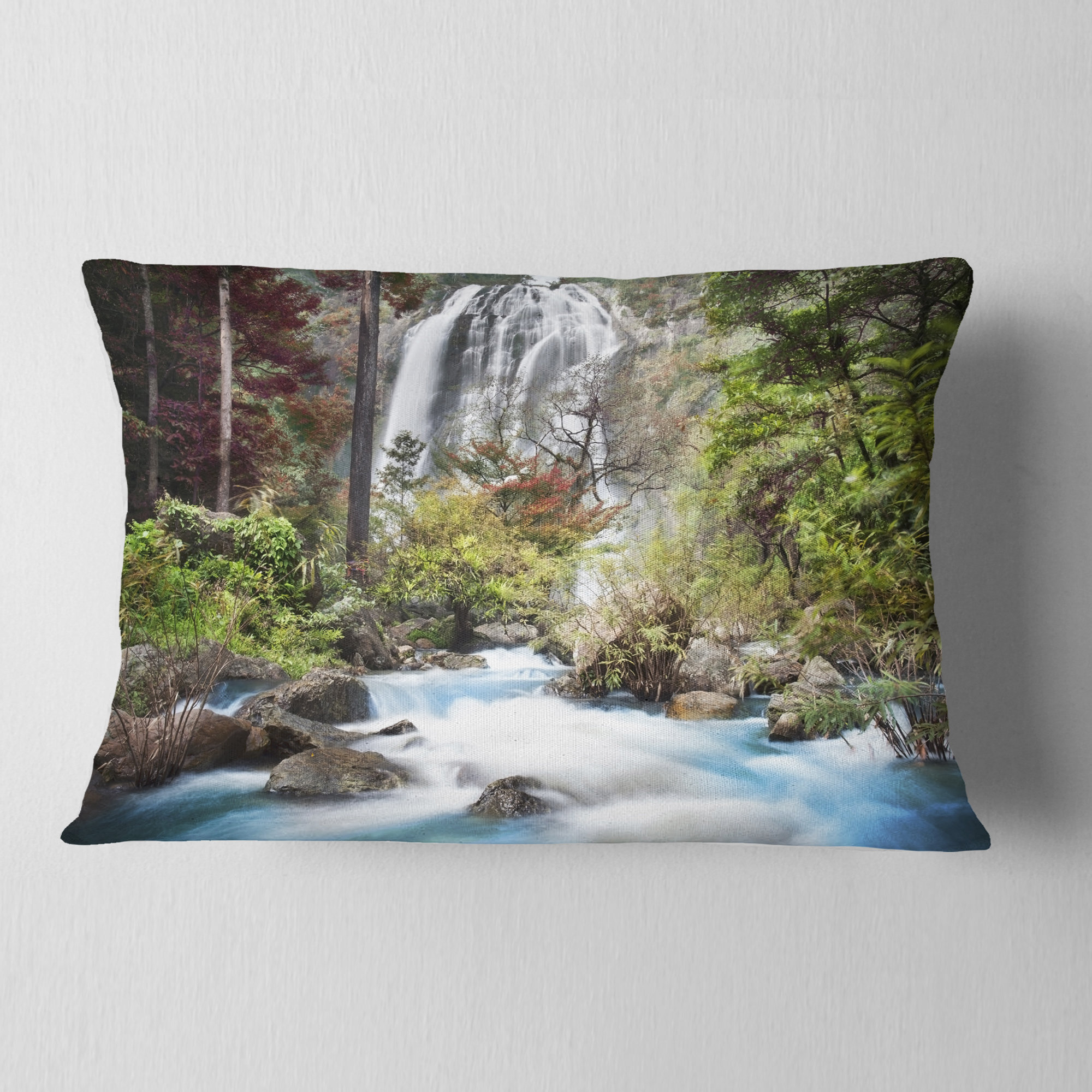 Design Art Blue Klonglan Waterfall - Landscape Printed Throw Pillow ...