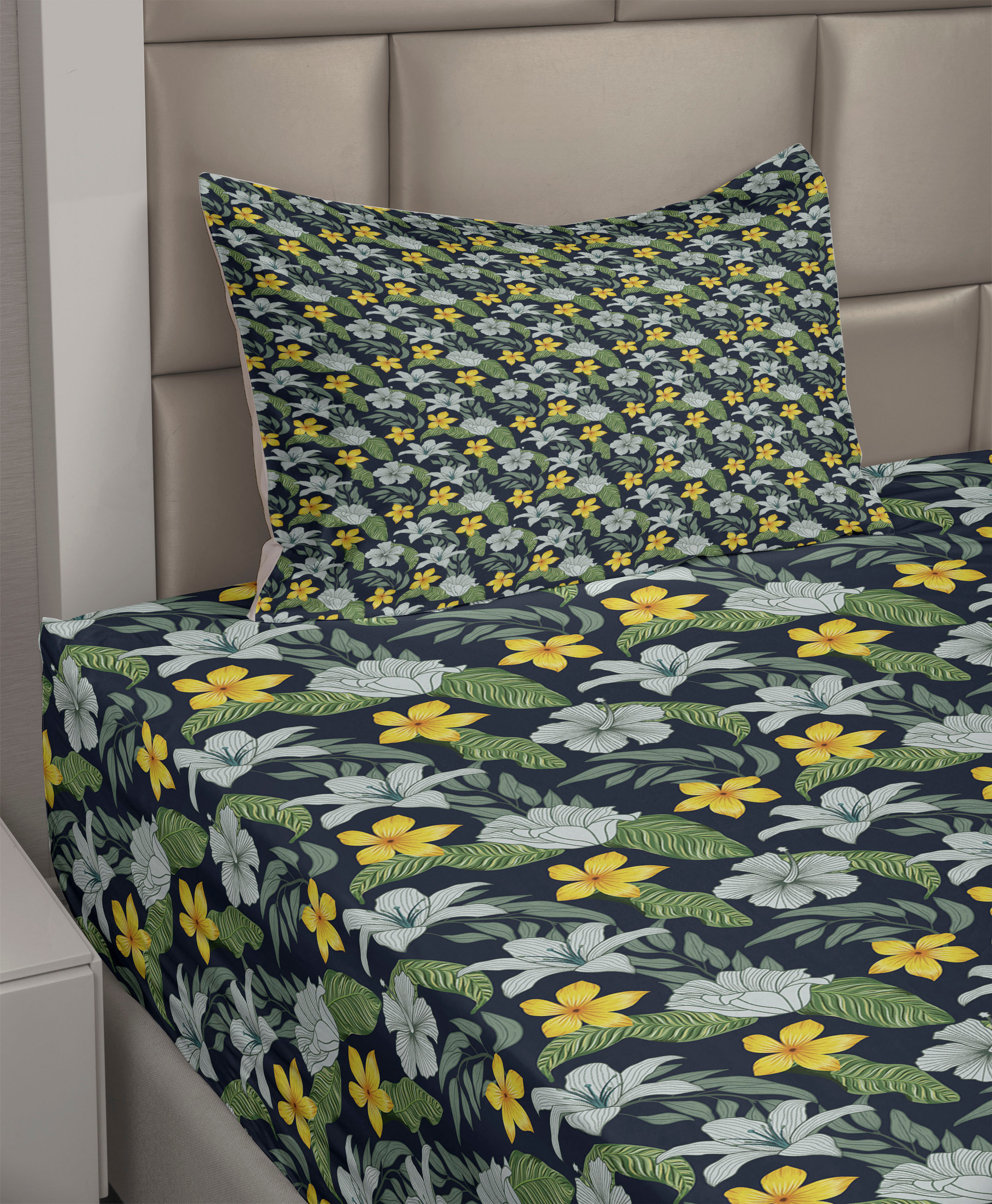 Ambesonne Tropical Sheet Set Hibiscus Plumeria Leaf Art Navy Blue Earth ...