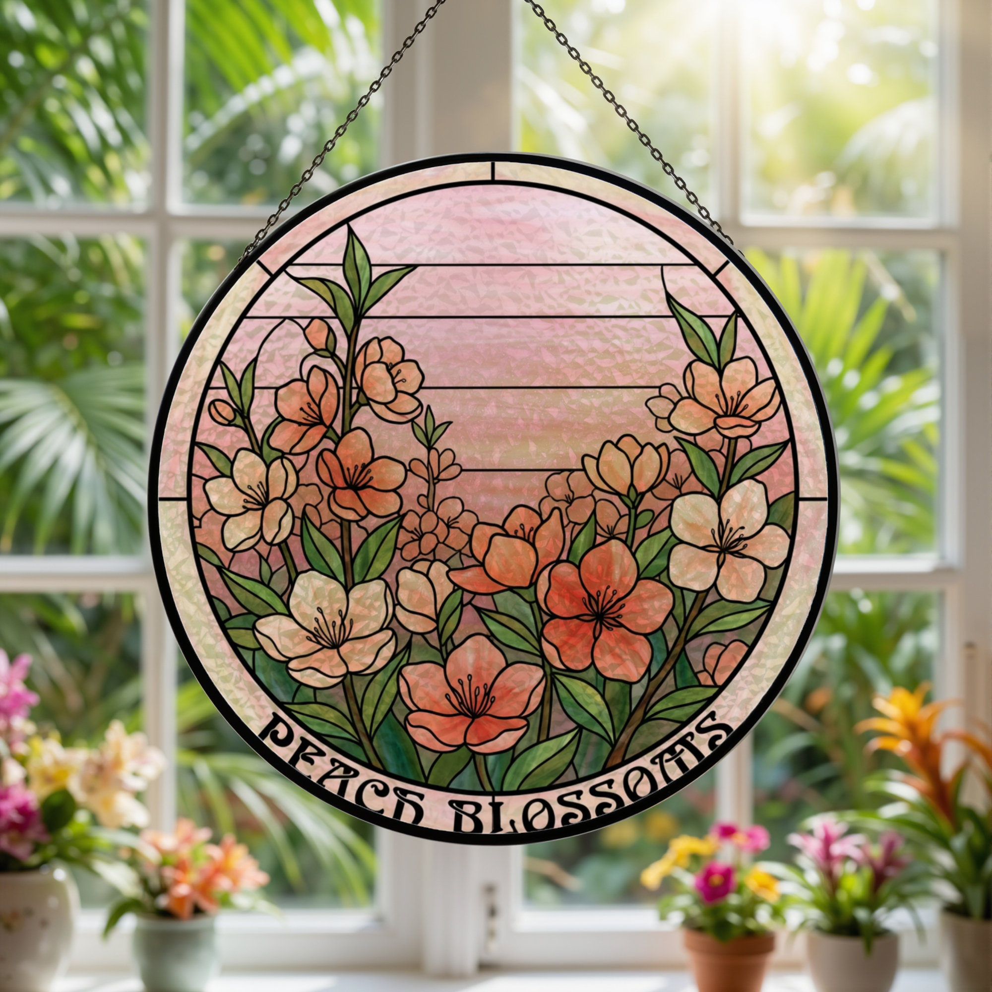 August Grove® 7.8"H Peach Blossoms Stained Glass Window Panel | Wayfair