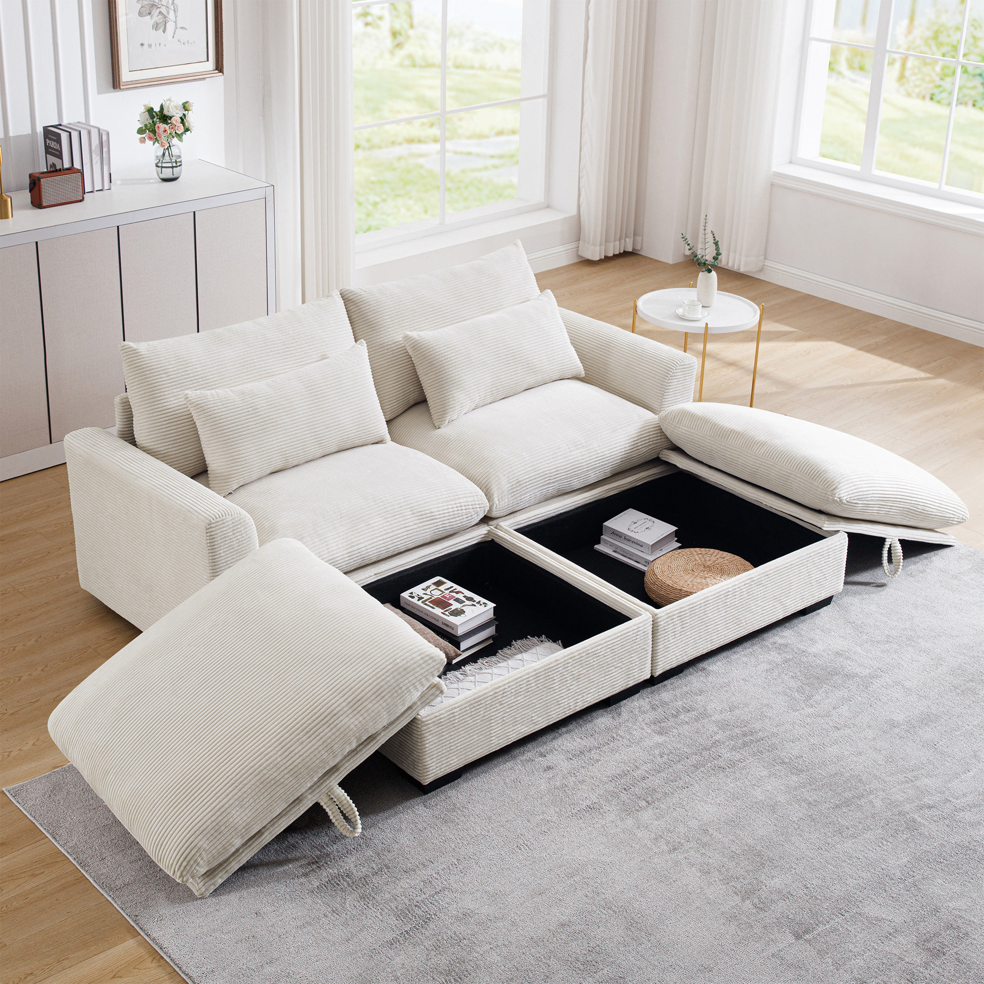 Bonzy Home Corduroy Two-Seater Sofa With 2 Storage Footrest,2 Seater ...