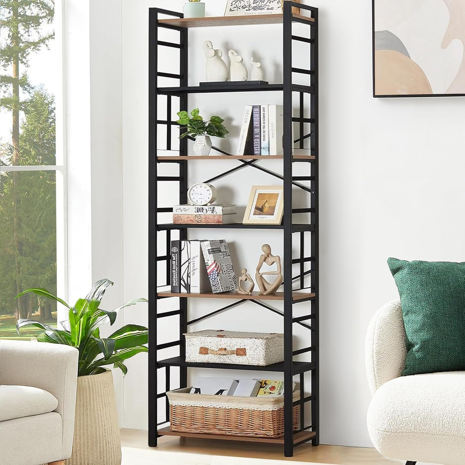 17 Stories Industrial 7-Tier Bookshelf With Metal Frame - 84 Inch Tall ...