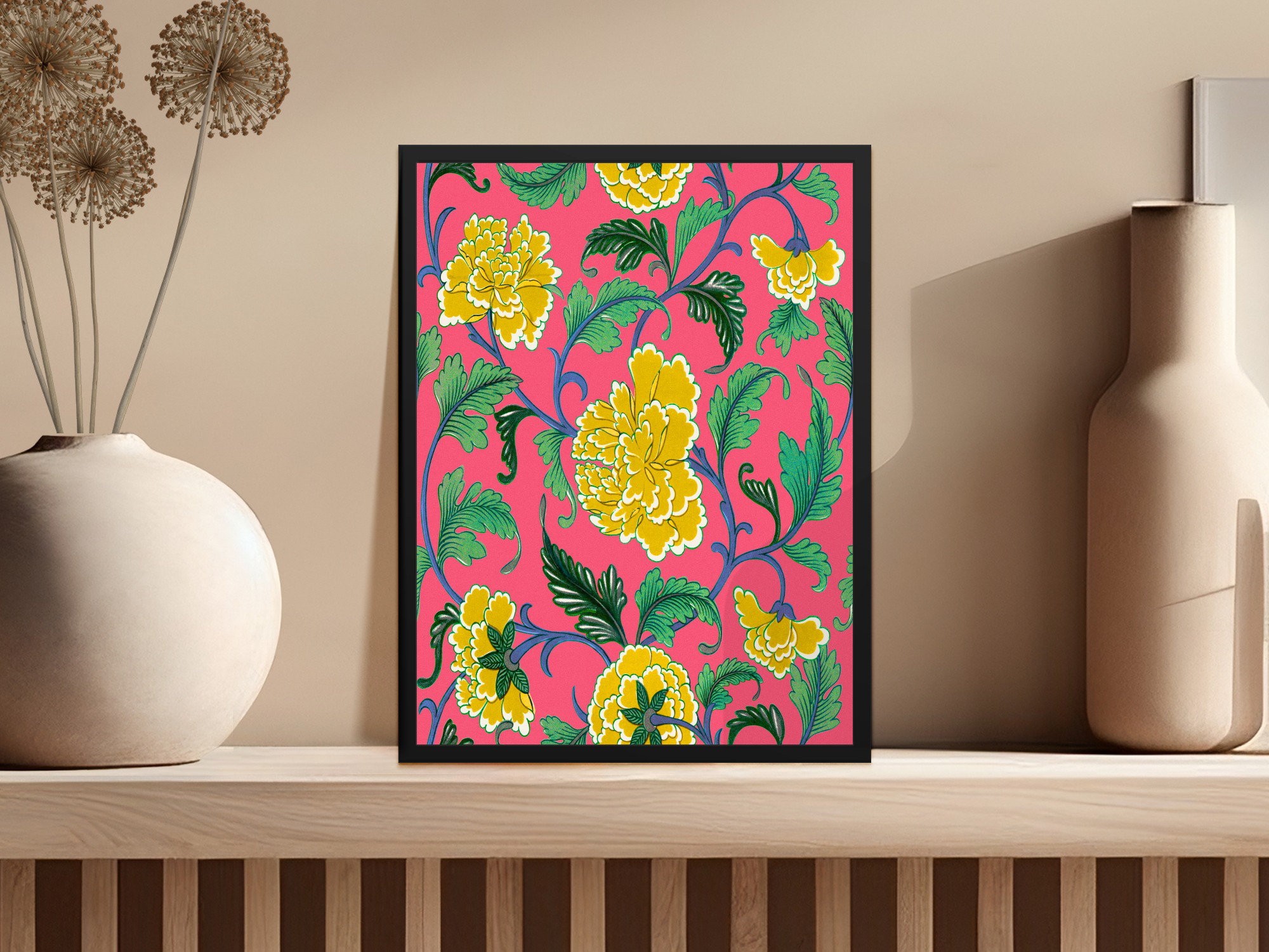Lark Manor Bright Floral Wallpaper Inspired Print in Pink Yellow Framed ...