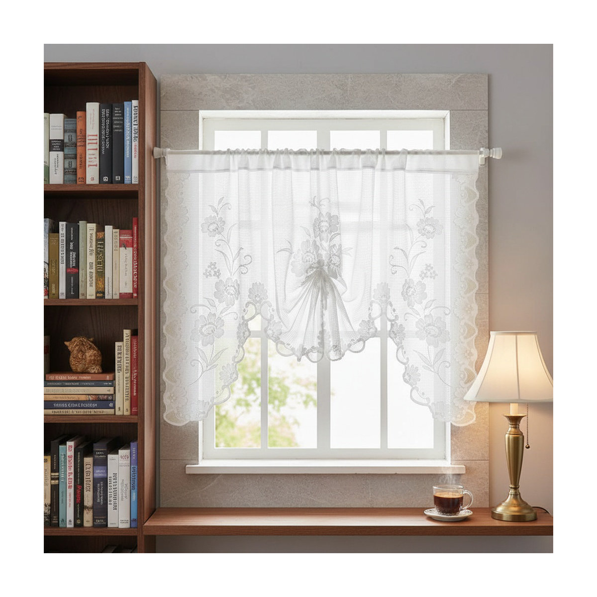 August Grove® 1 Panel White Lace Short Curtain Lifting Tie-Up Roman ...