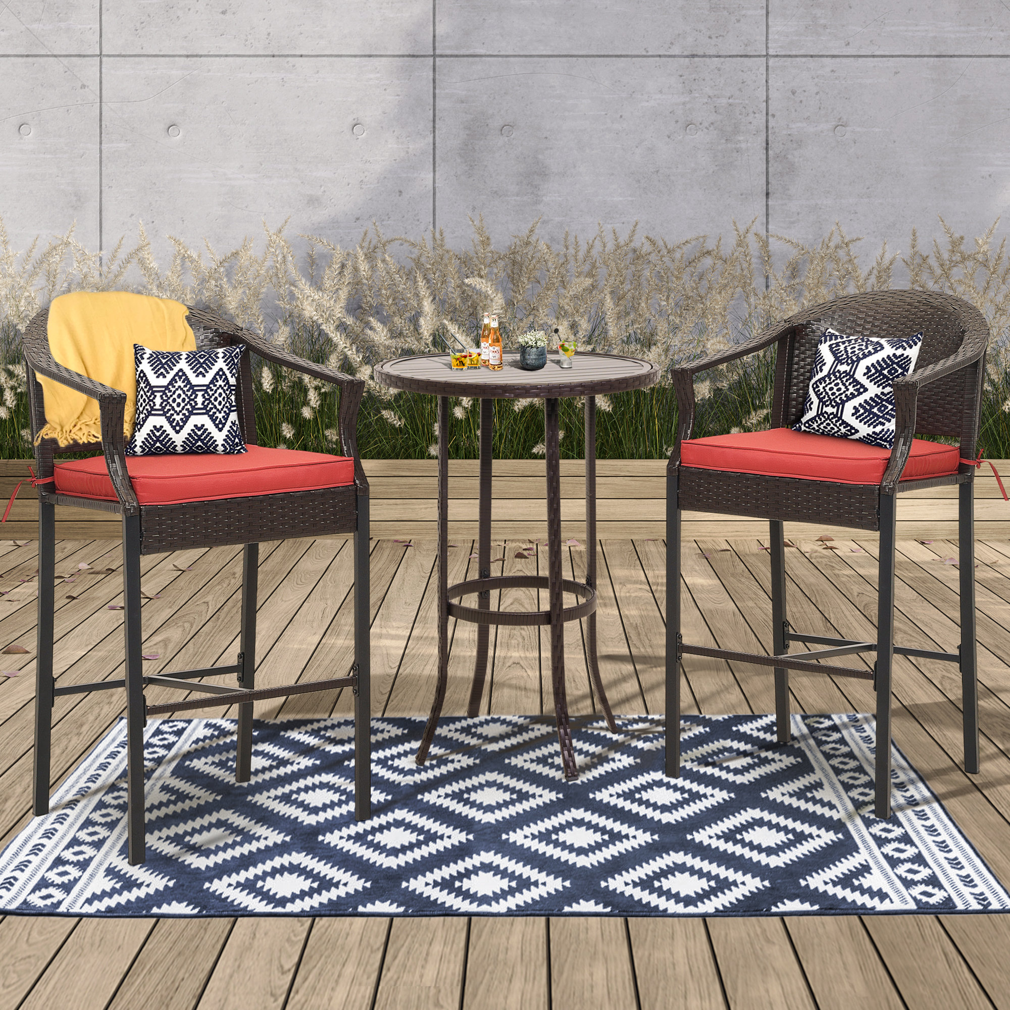 Winston Porter 3-piece Patio Bar Table Set, Outdoor Wicker Bar Height ...