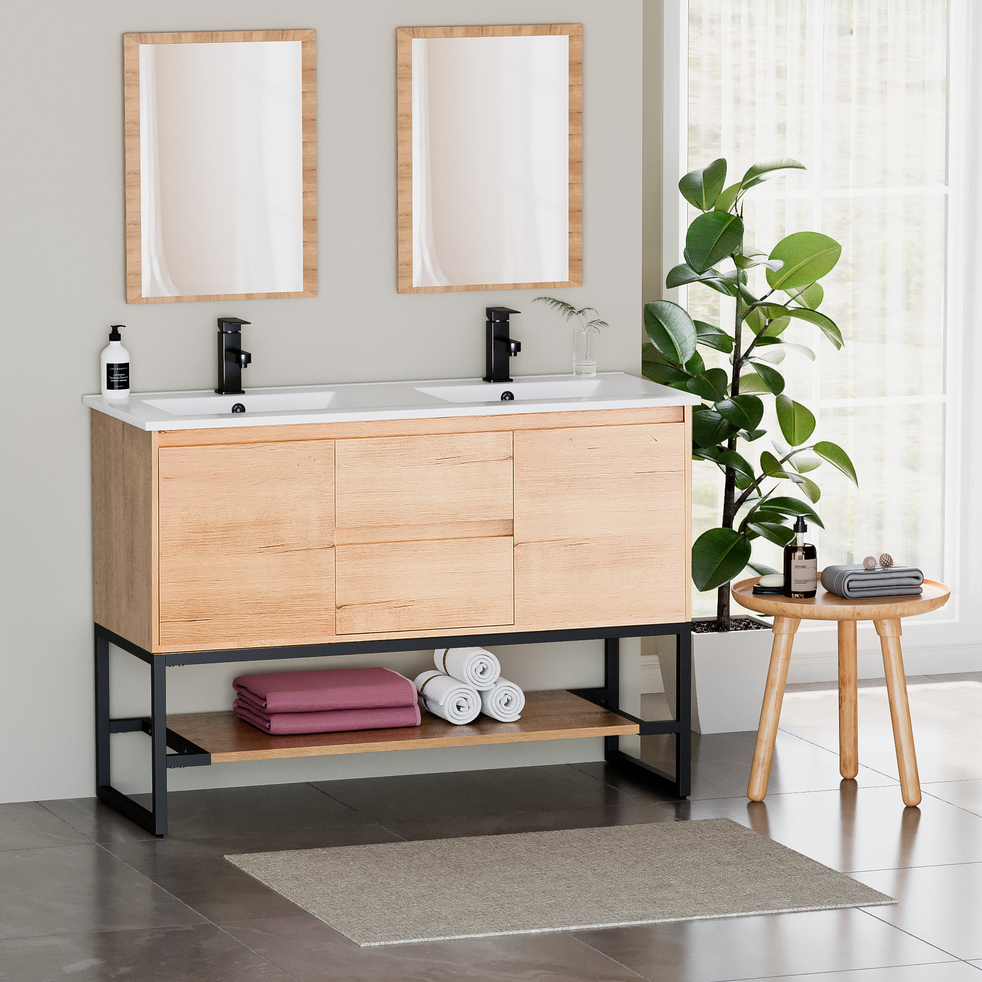 Wade Logan Azai 48" Double Sink Bathroom Vanity with Resin Top, Open ...