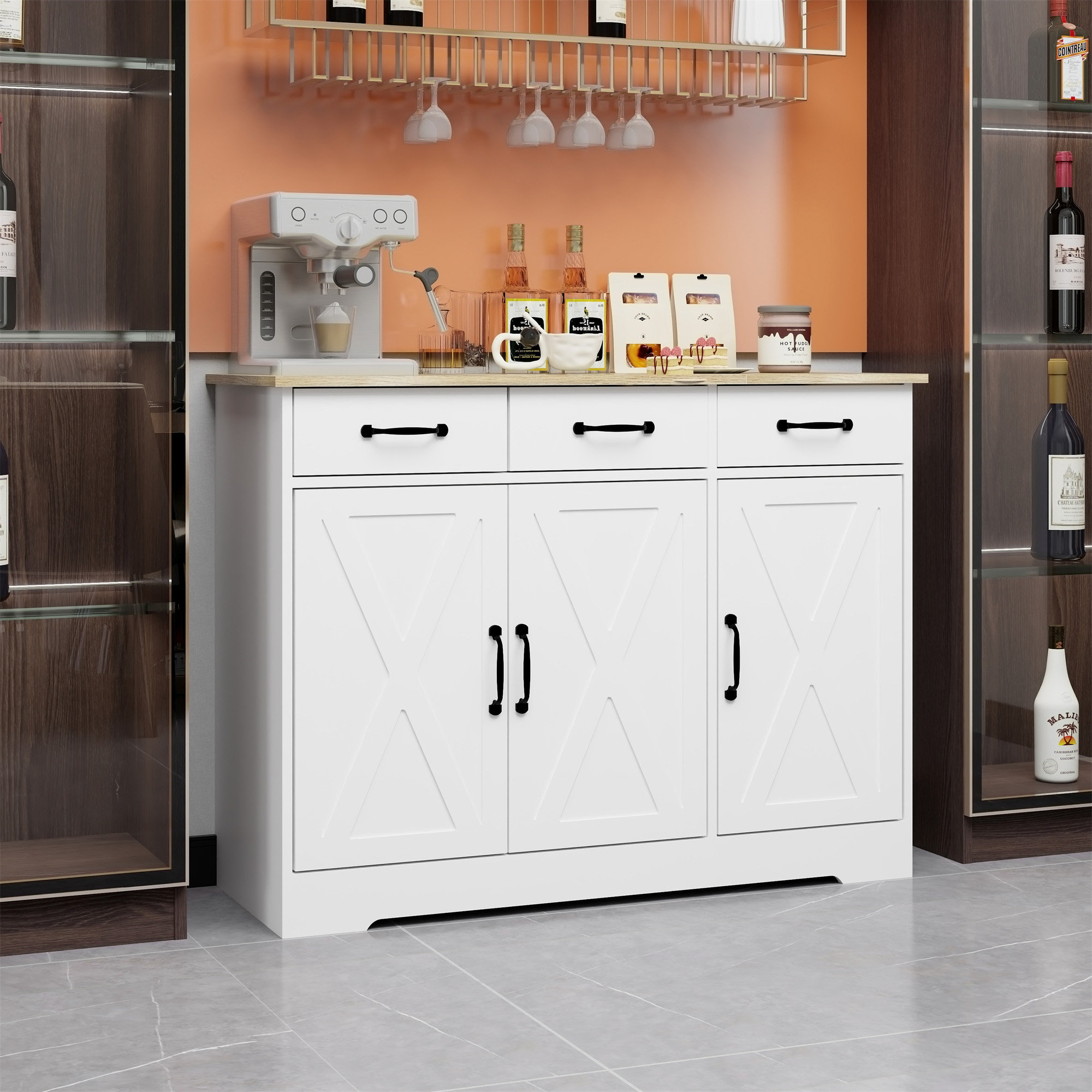 Longshore Tides Farmhouse Buffet Cabinet Storage Sideboard With 3 ...