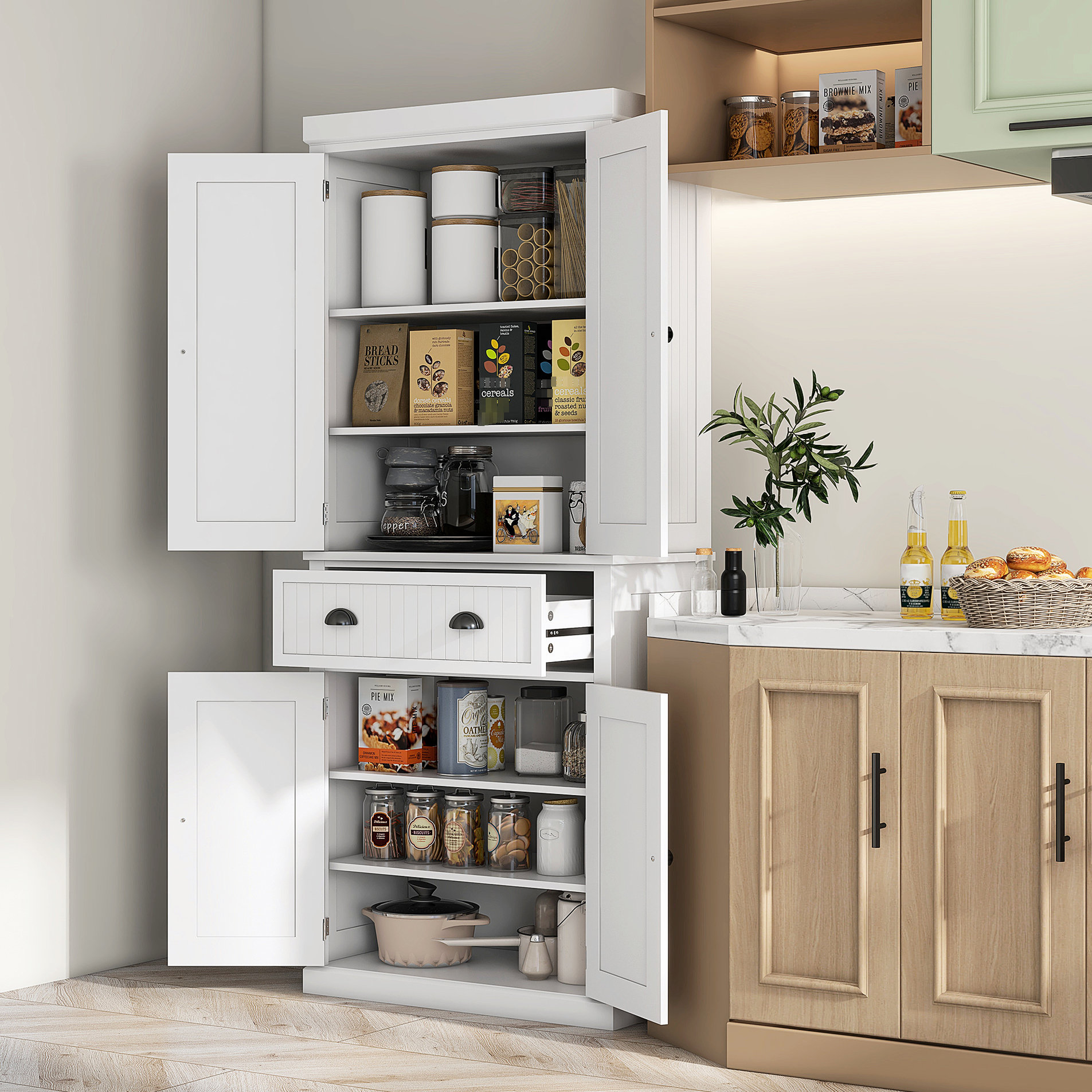 Lark Manor™ 72" Kitchen Pantry Shelf: Tall Cabinet With Drawer & Doors ...