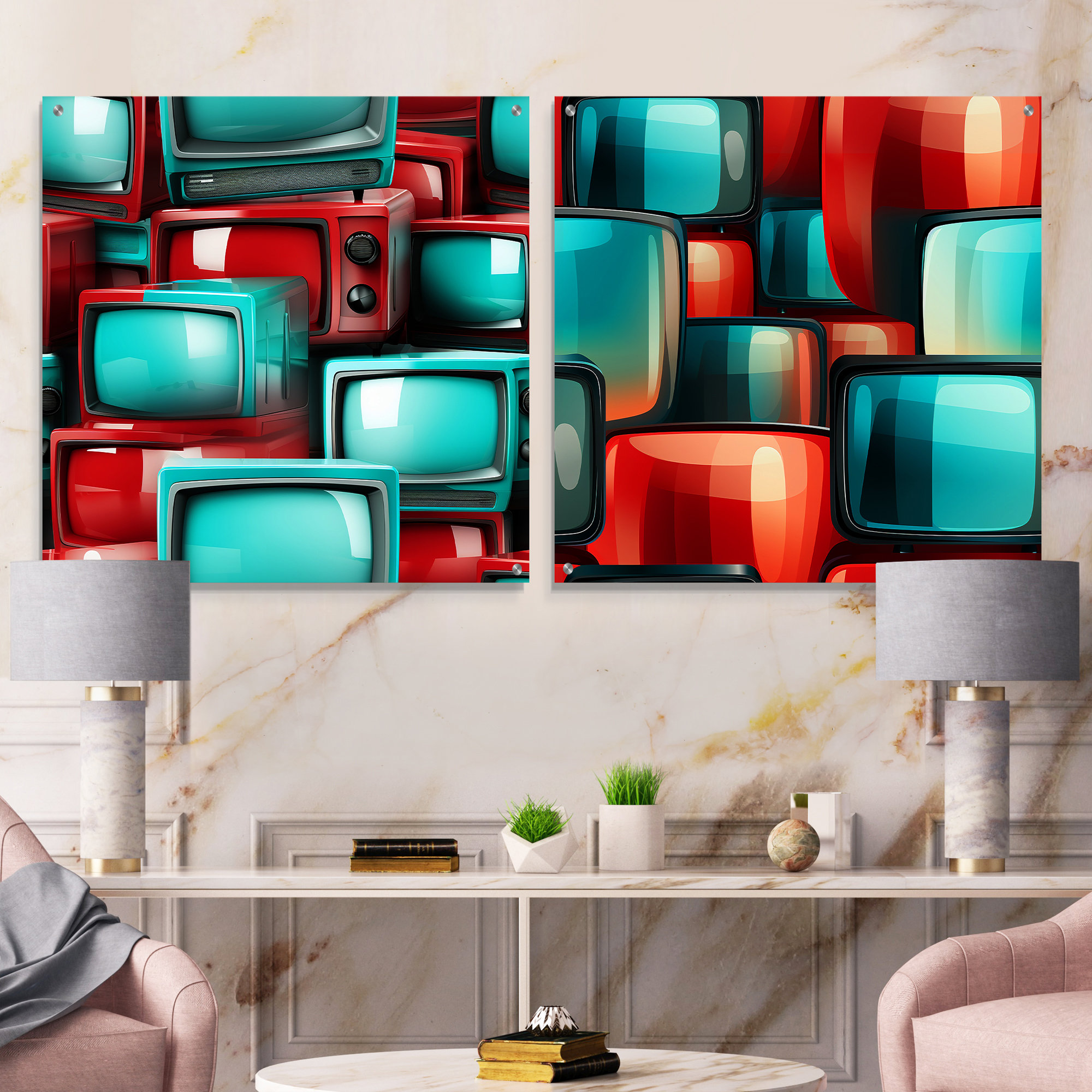 Design Art Red And Cyan Popart Retro Tv Patterns - Abstract Acrylic ...