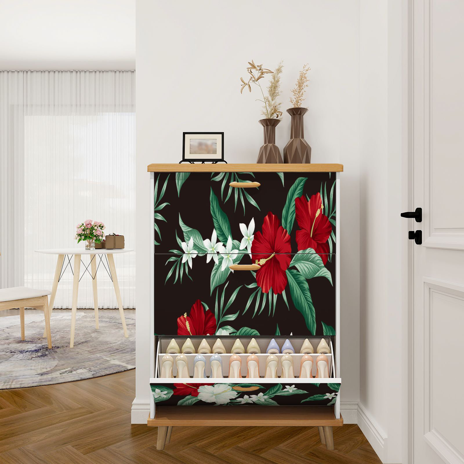 PeeNoke Shoe Storage Cabinet with 3 Flip Drawers for Tropical Hawaiian ...