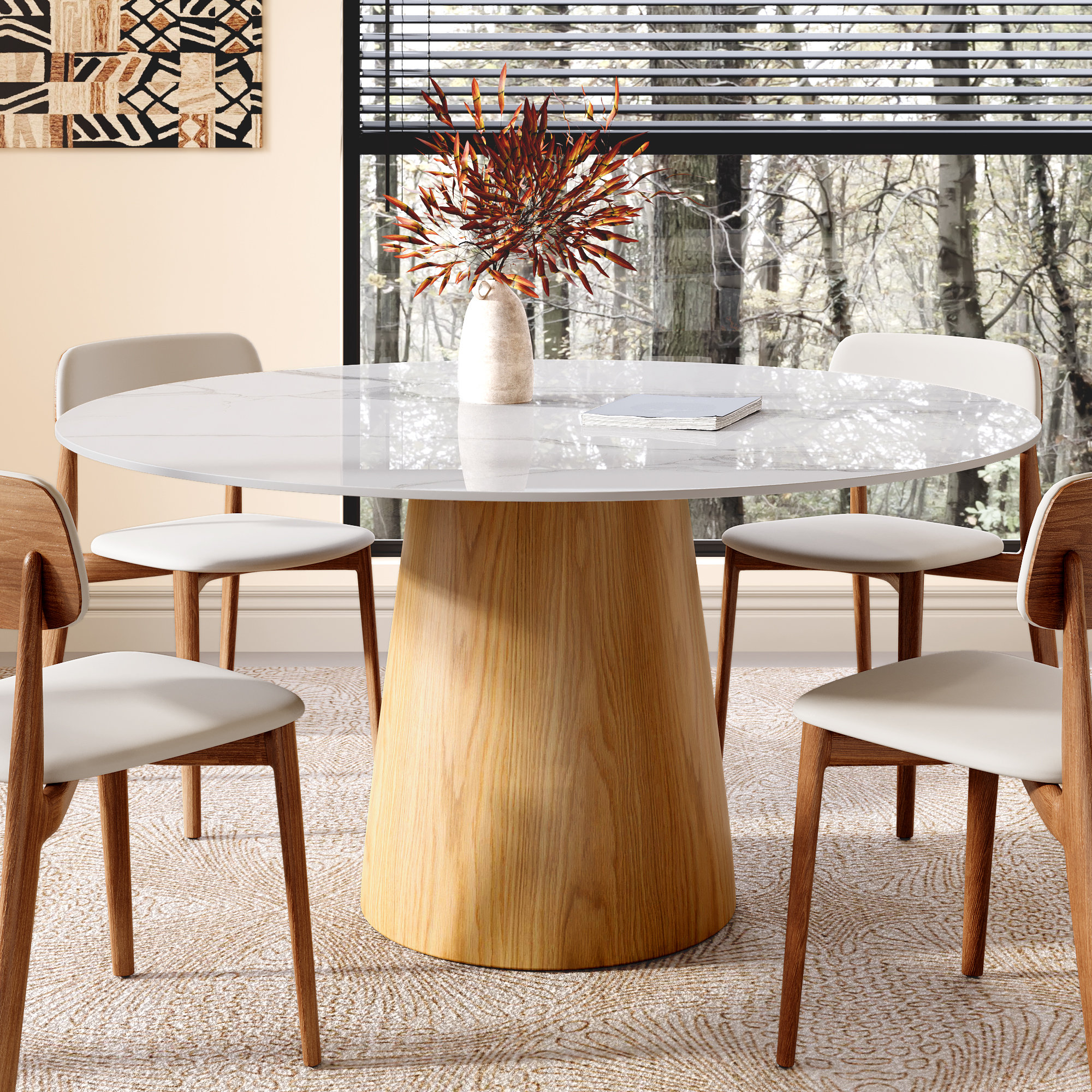 Brayden Studio Round Stone Dining Table Solid Wood Pedestal Natural ...