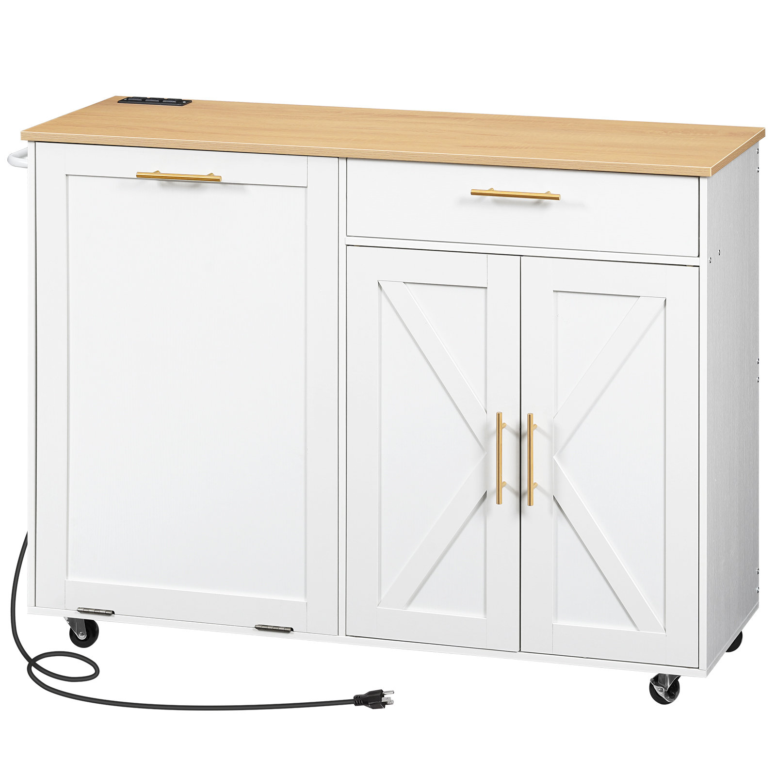 Gracie Oaks Kitchen Island with 13-Gallon Trash Bin Cabinet and Power ...