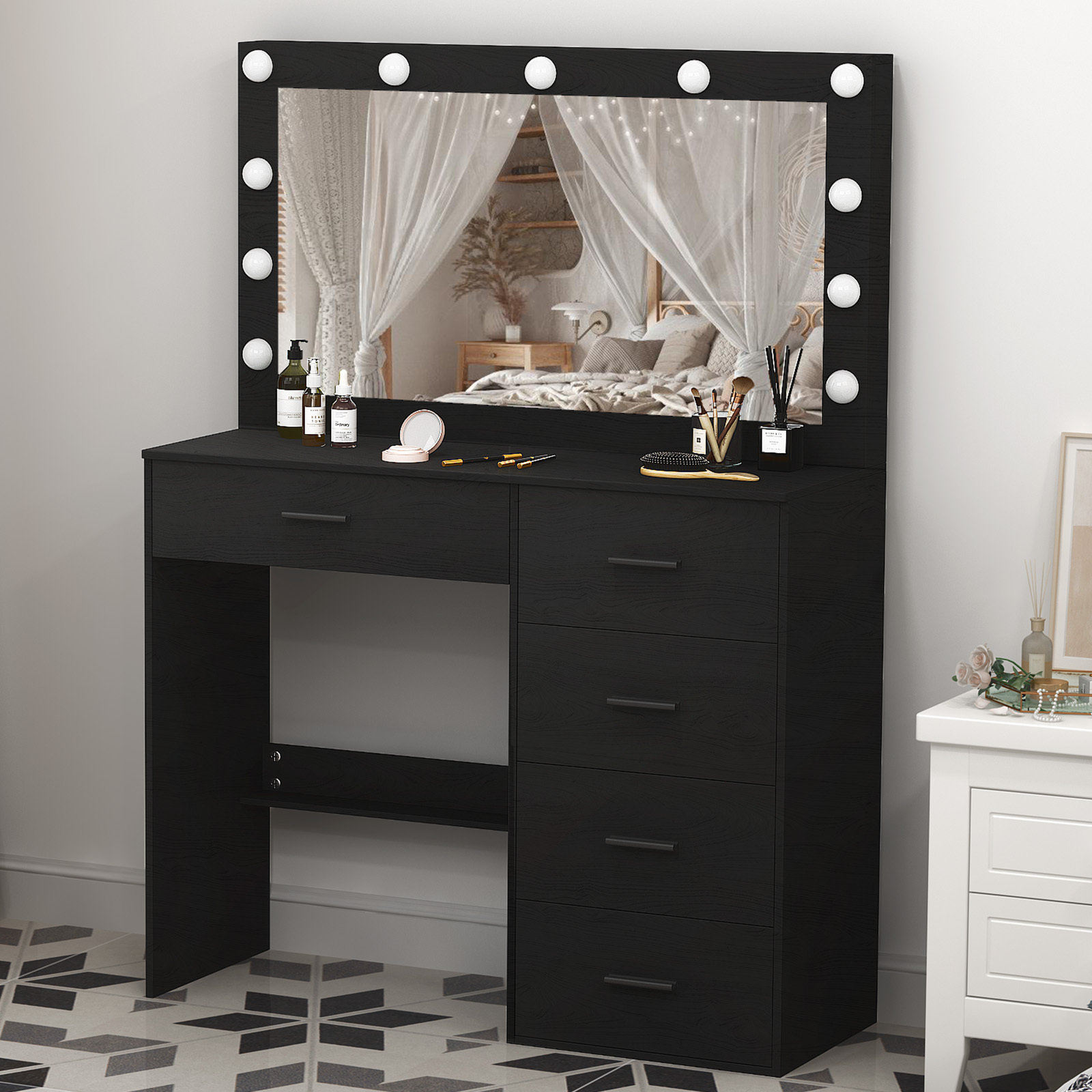 Latitude Run® Black Vanity With Large Mirror, 5 Drawers, Lighted Makeup ...