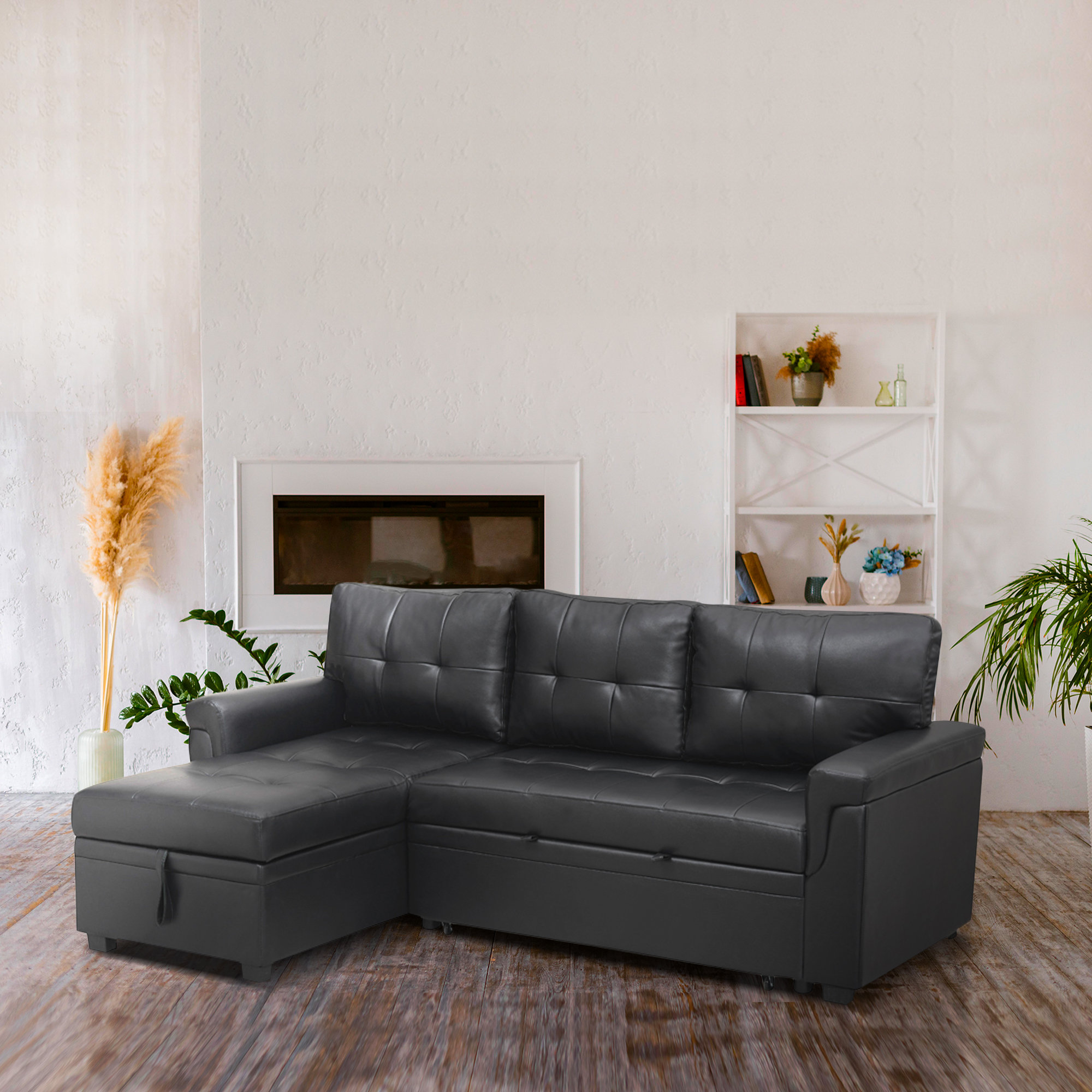 Latitude Run® Comfy Leather Sleeper Sectional Sofa with Convertible ...
